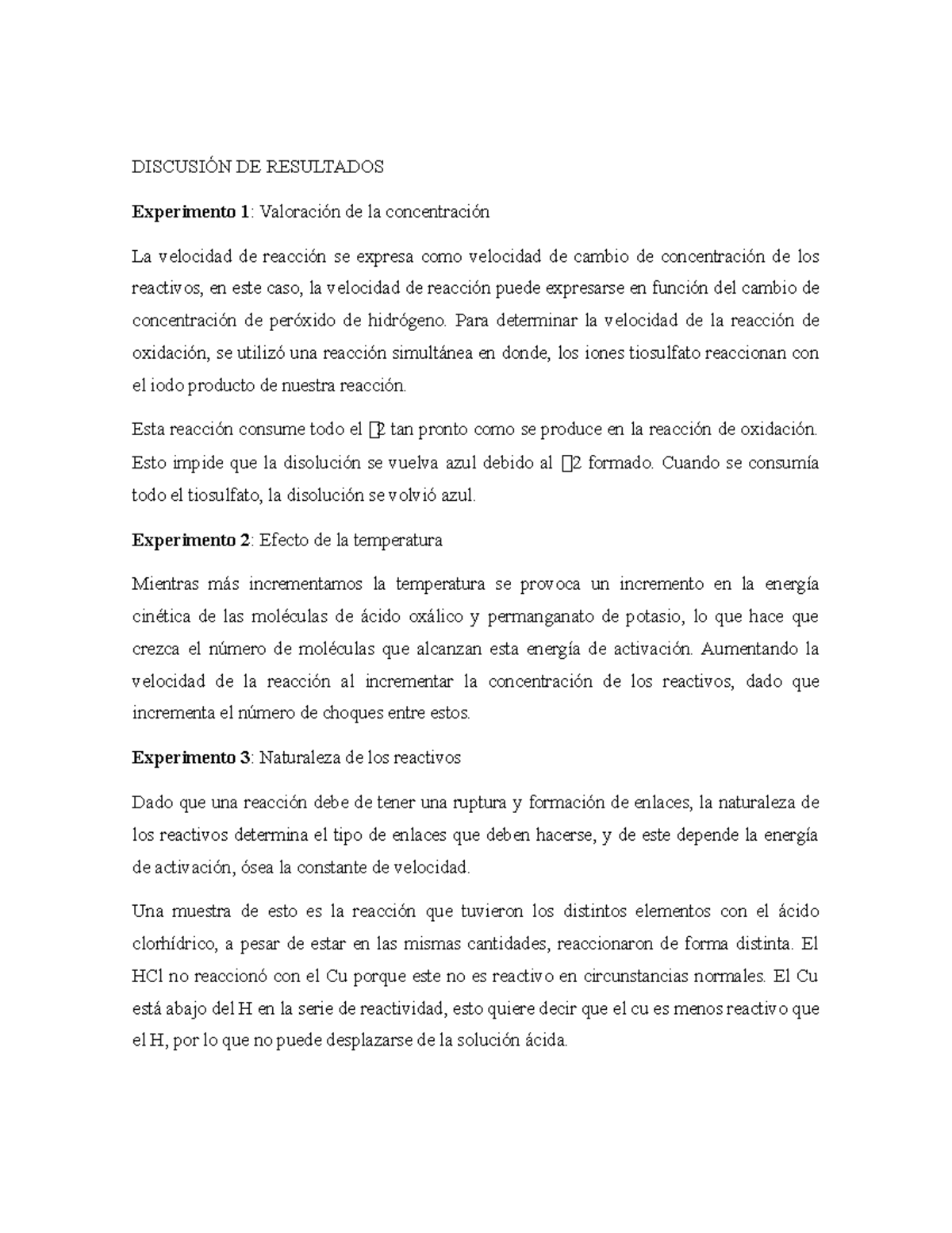 Discusión DE Resultados - DISCUSIÓN DE RESULTADOS Experimento 1 ...