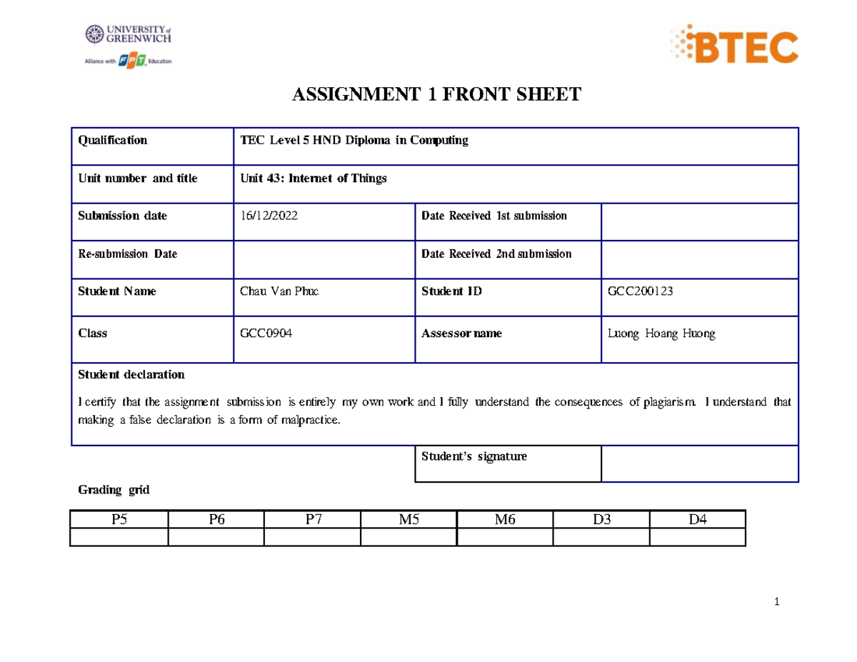 ASM2 Chau Van Phuc GCC0904 1690 - ASSIGNMENT 1 FRONT SHEET Qualification TEC Level 5 HND Diploma ...
