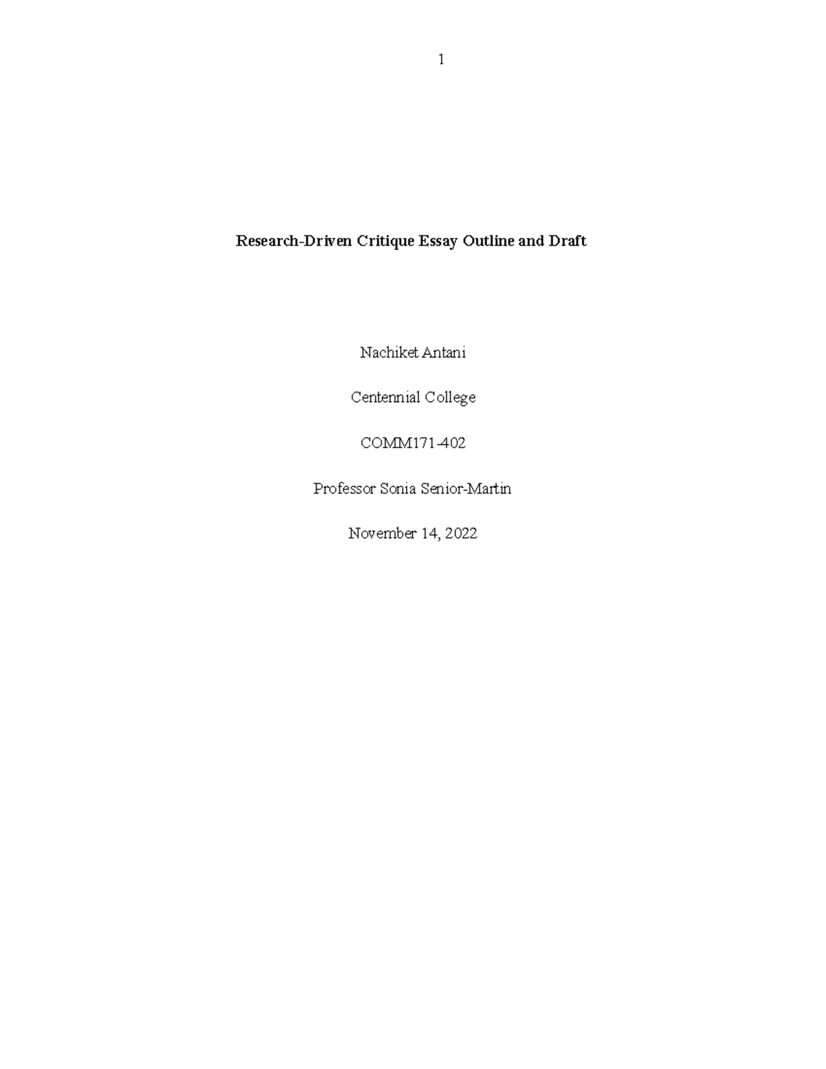 Research-Driven Critique Essay Outline and Draft Assignment Template Nachiket - Research-Driven ...
