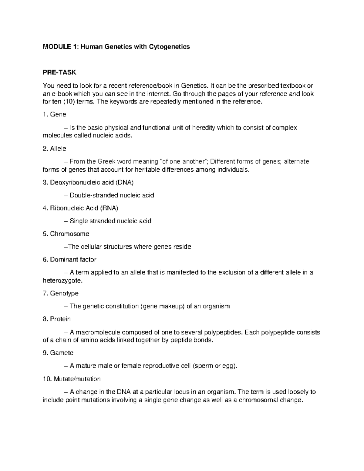 Human Genetics with Cytogenetics - Definition of terms - MODULE 1 ...