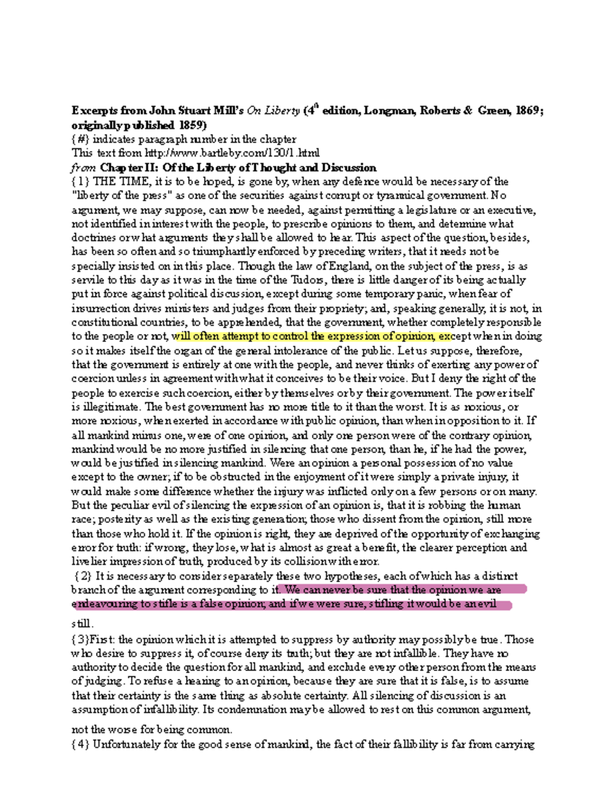 1 Mill from On Liberty 1 - English reading assignment - Excerpts from ...