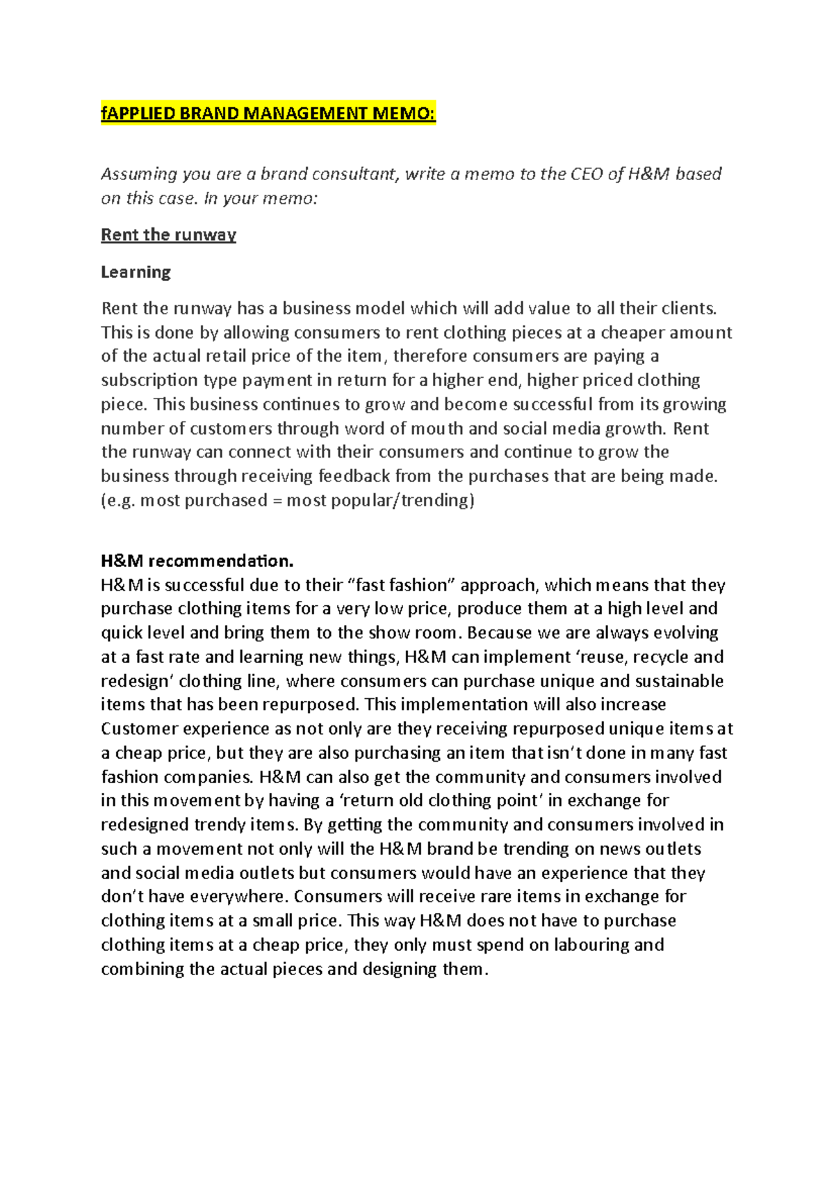 Applied brand management memo - fAPPLIED BRAND MANAGEMENT MEMO ...
