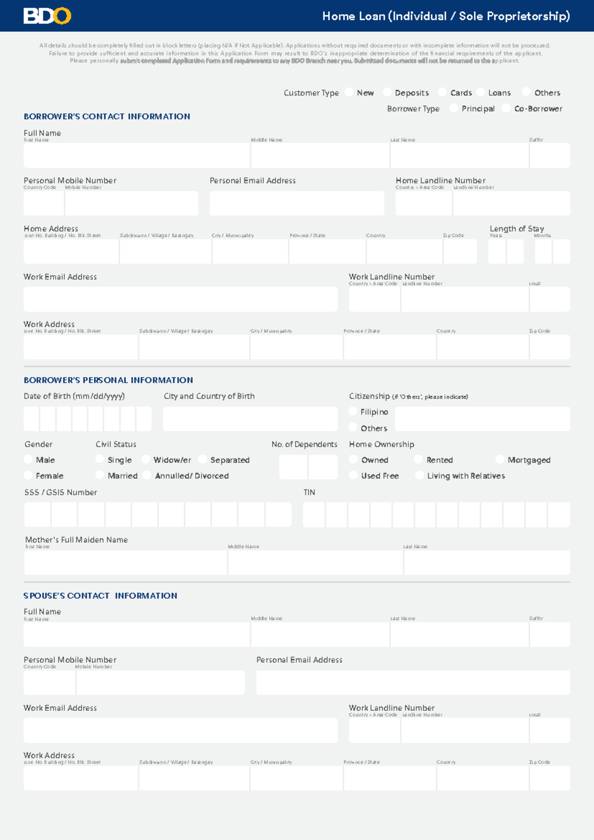 BDO-home-loan-application-form - Personal Mobile Number BORROWER’S ...