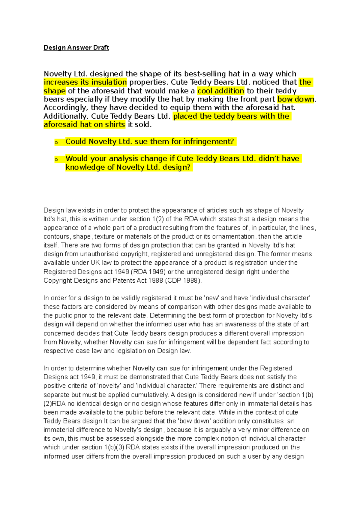 Design Answer Draft - Design Answer Draft Novelty Ltd. designed the ...