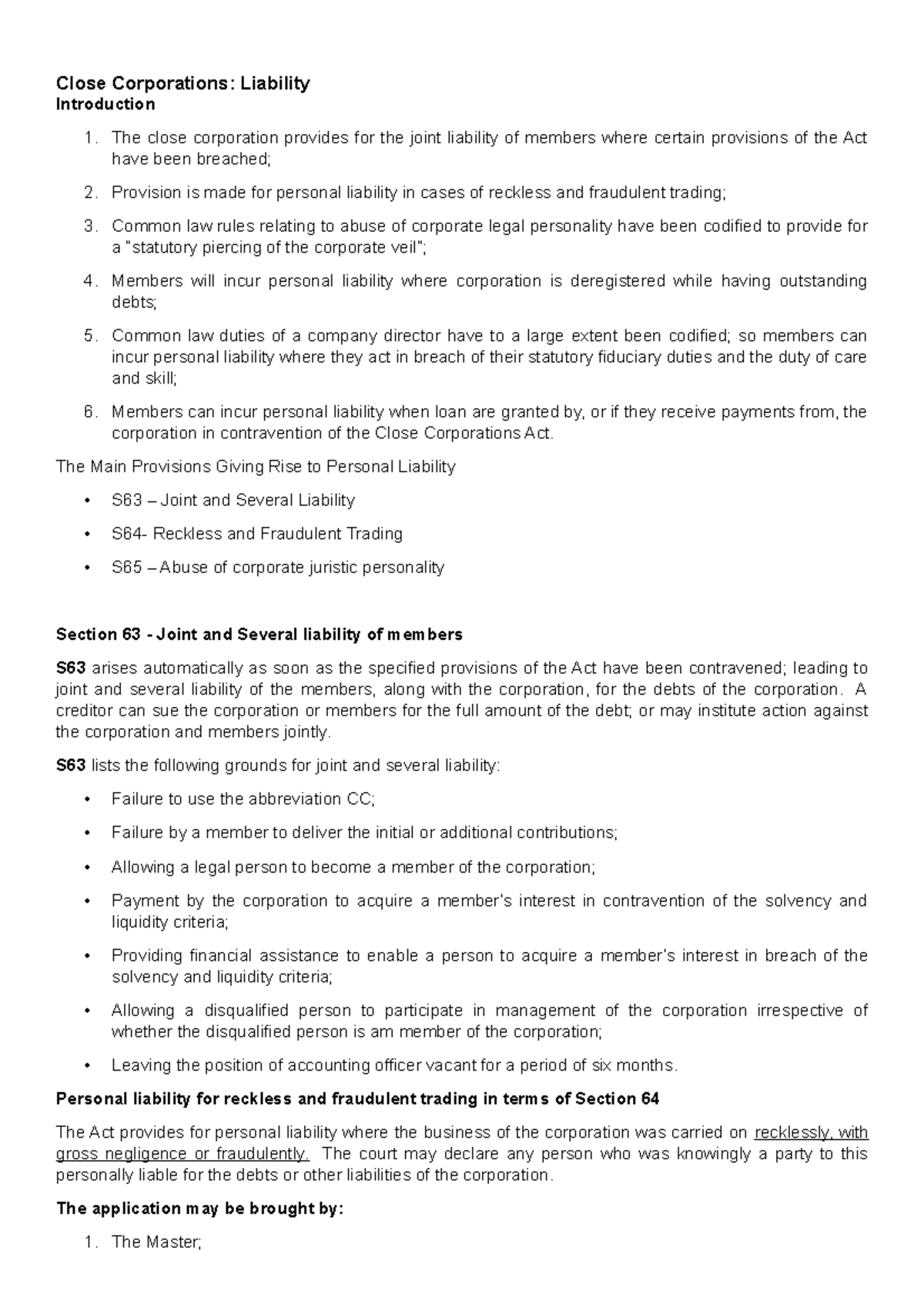 6 Liability - Lecture notes for business entities - Close Corporations ...