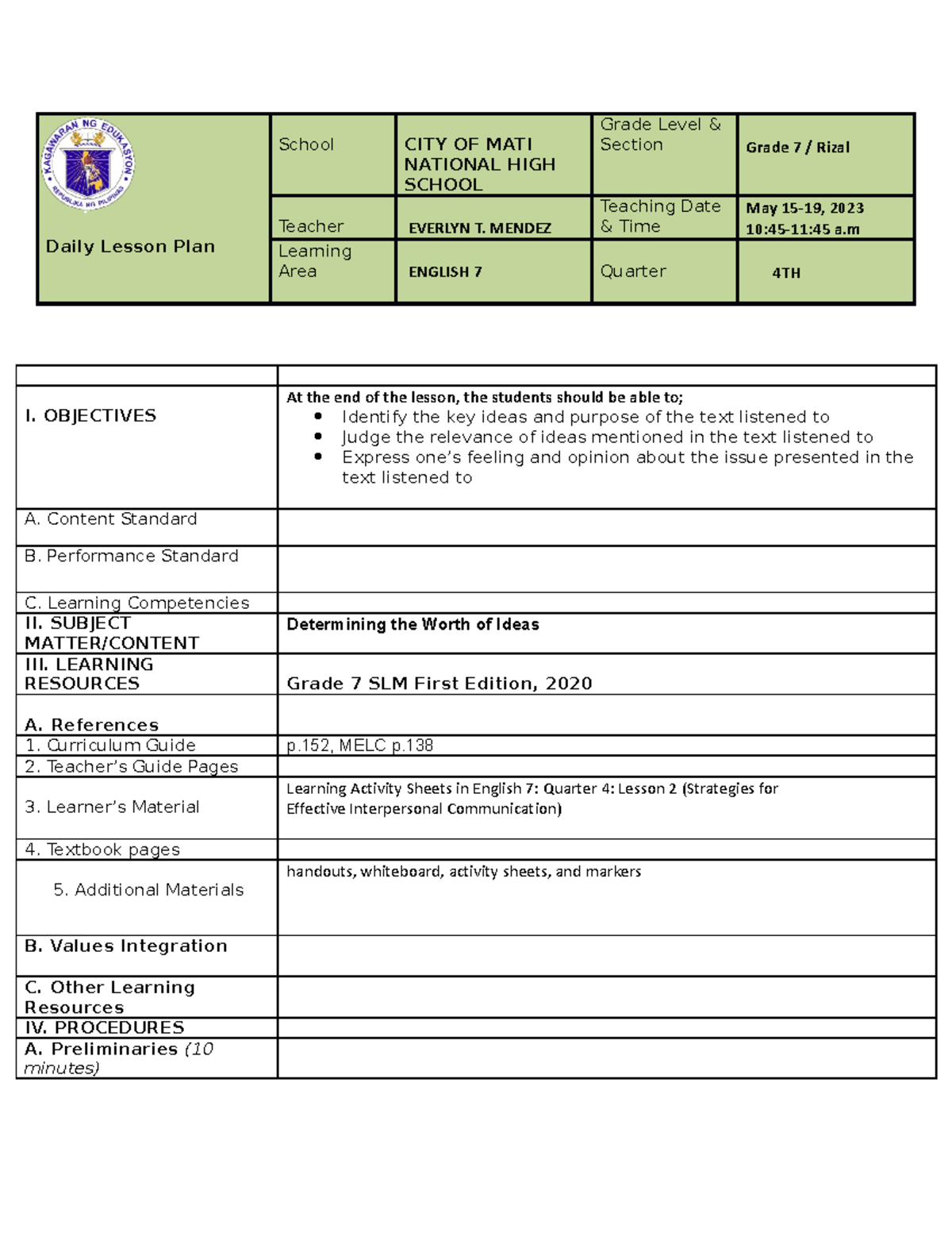 Lesson Plan Eng7 M3 LP#4 - Daily Lesson Plan School CITY OF MATI ...