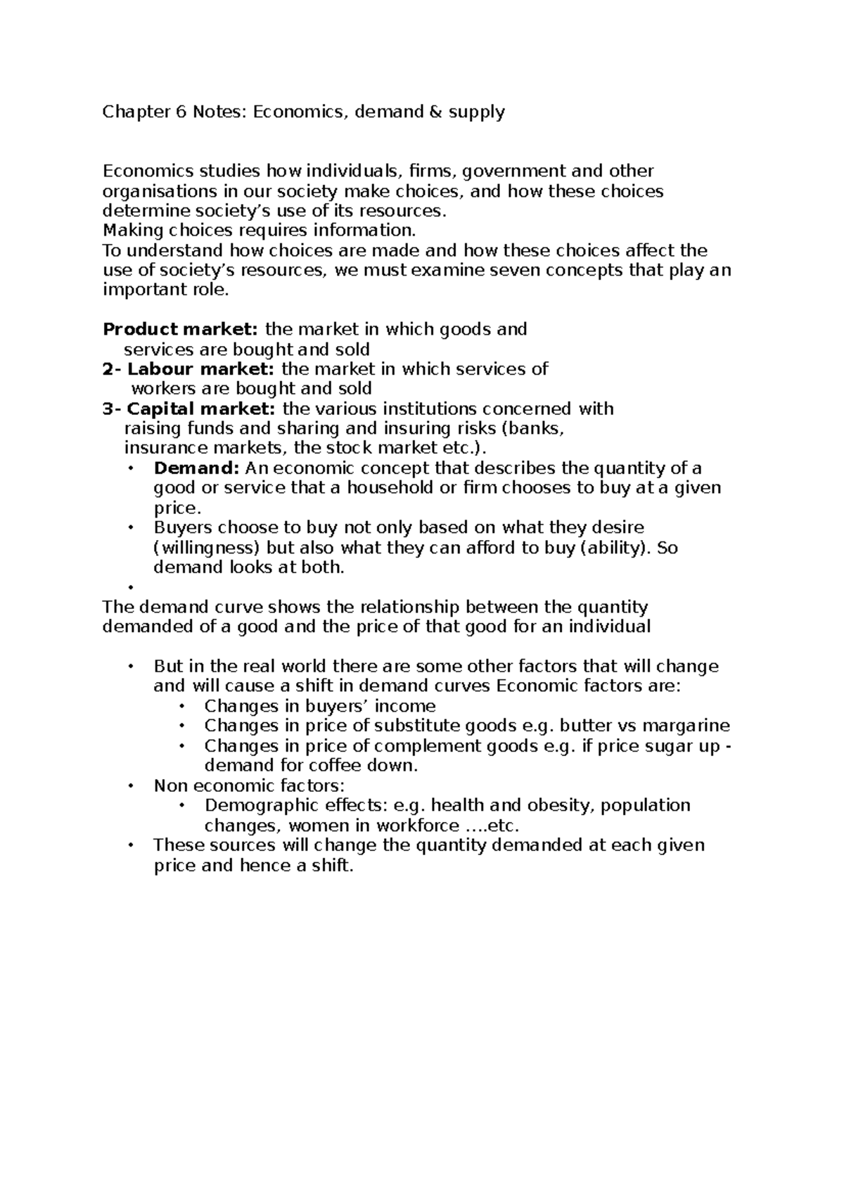 Chapter 6 notes - Chapter 6 Notes: Economics, demand & supply Economics ...