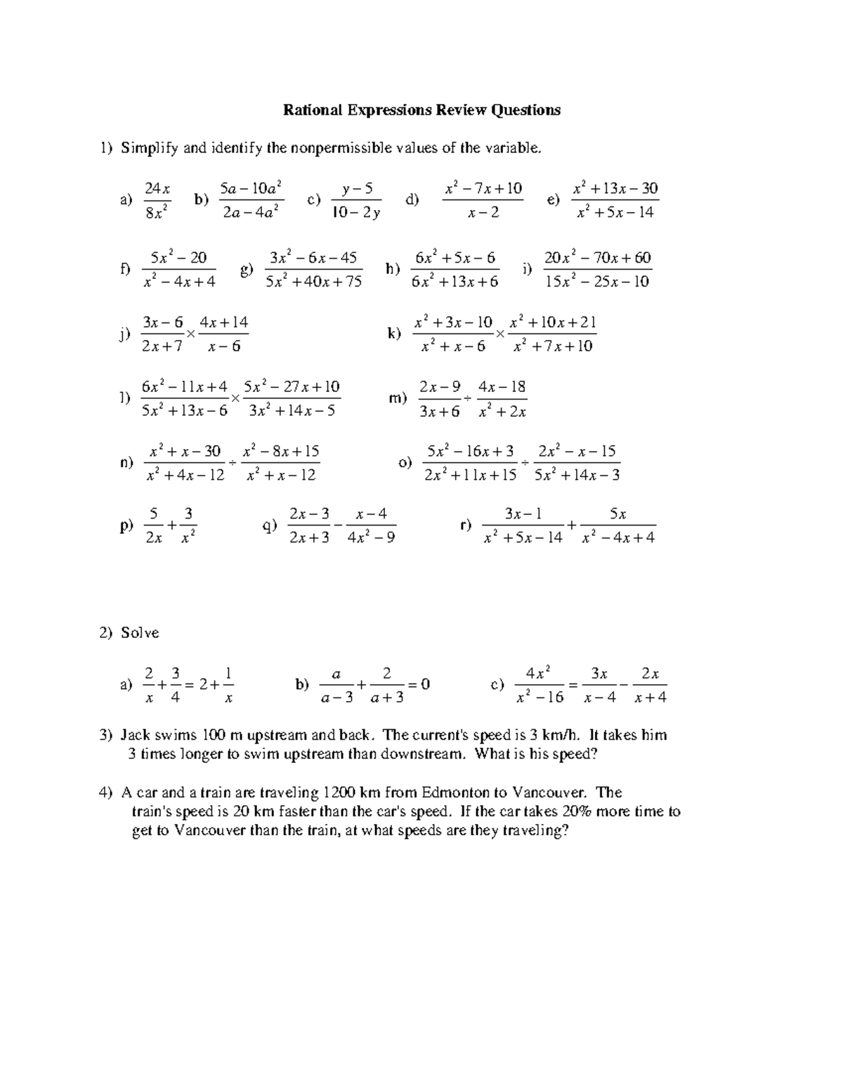 Rational Expressions Review Questions - Rational Expressions Review ...