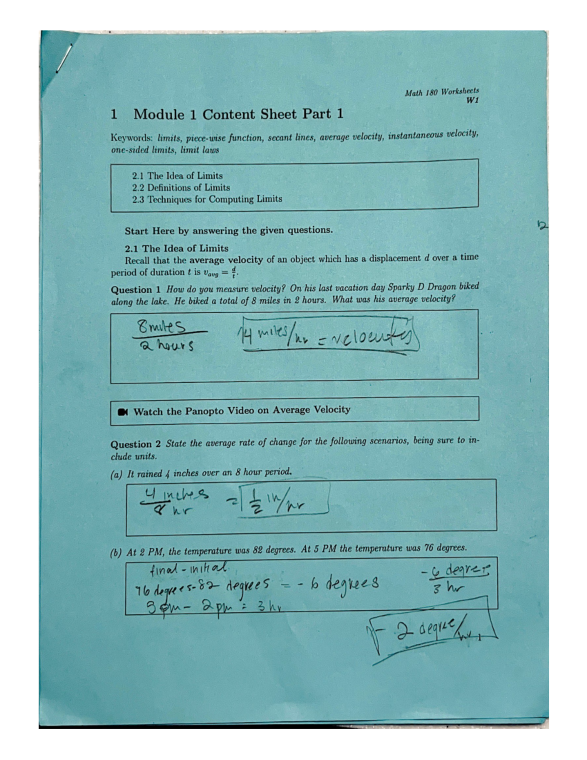 Module 1 Content Sheet - Math hw - Math 180 Worksheets W1 1 Module 1 ...