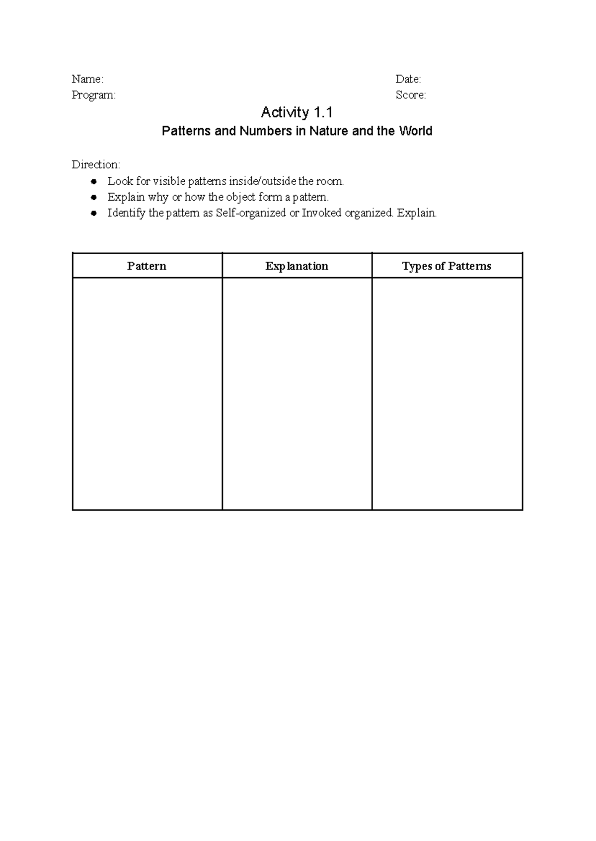 MMW-Activities - Program: Score: Activity 1. Patterns and Numbers in Nature and the World ...