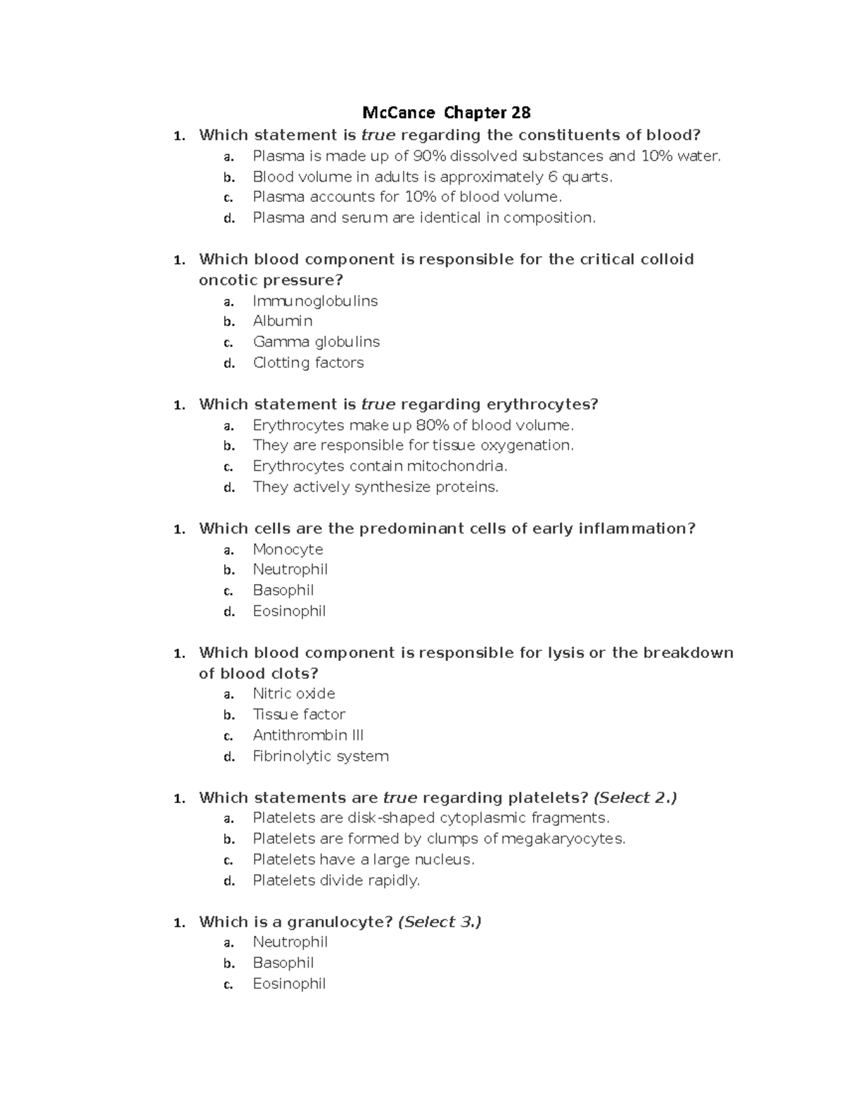 Practice Questions Chapter 28 & 29 Patho Mc Cance - McCance Chapter 28 Which statement is true ...
