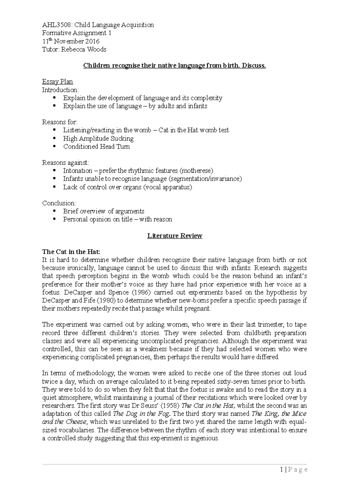 Child Lan Acq Form 1 - AHL3508: Child Language Acquisition Formative ...