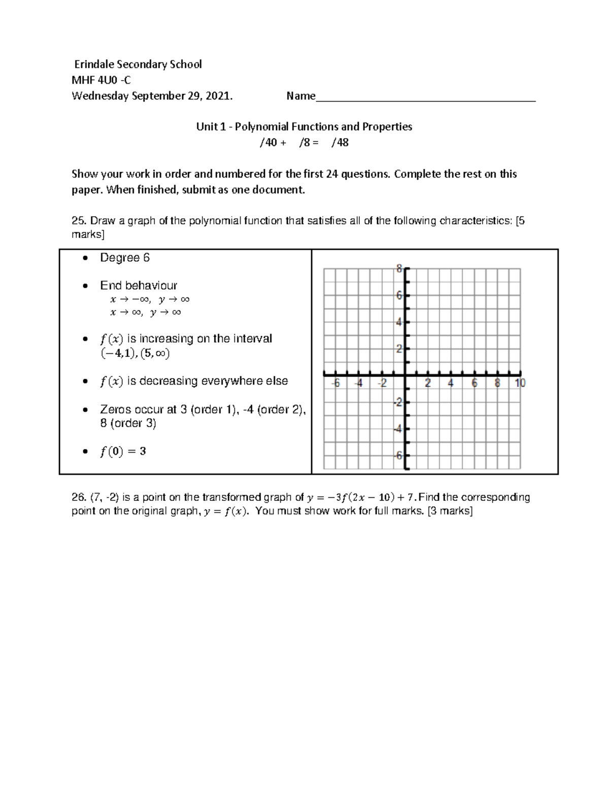 Test - Polynomial Functions and Properties Sept 2021C - Erindale ...