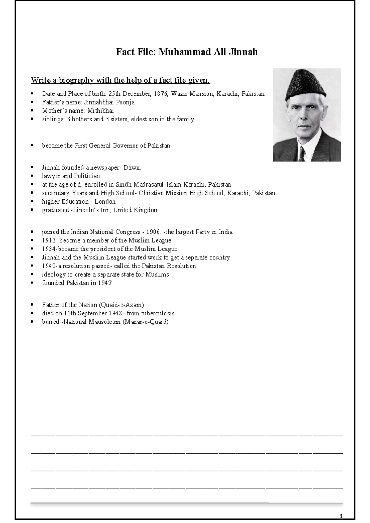 Biography Practice - Fact File: Muhammad Ali Jinnah Write a biography ...