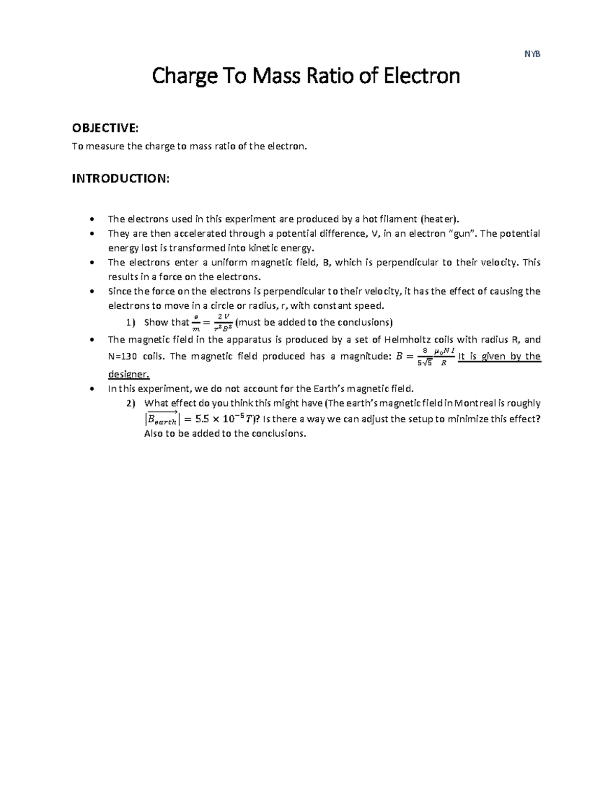 Charge To Mass Ratio - INTRODUCTION: The electrons used in this ...