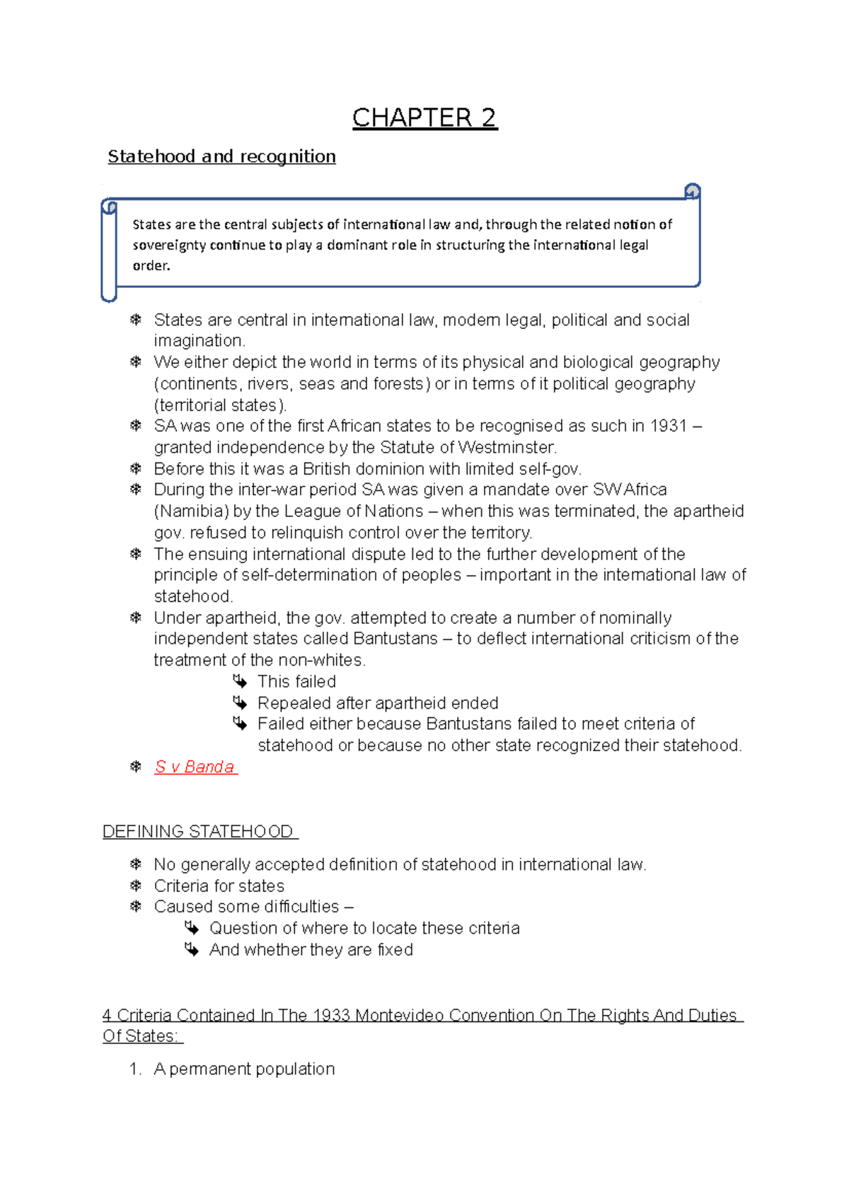 Chapter 2 - statehood - UNDER PROF PHOOKO, LECTURE NOTES AND CASE ...