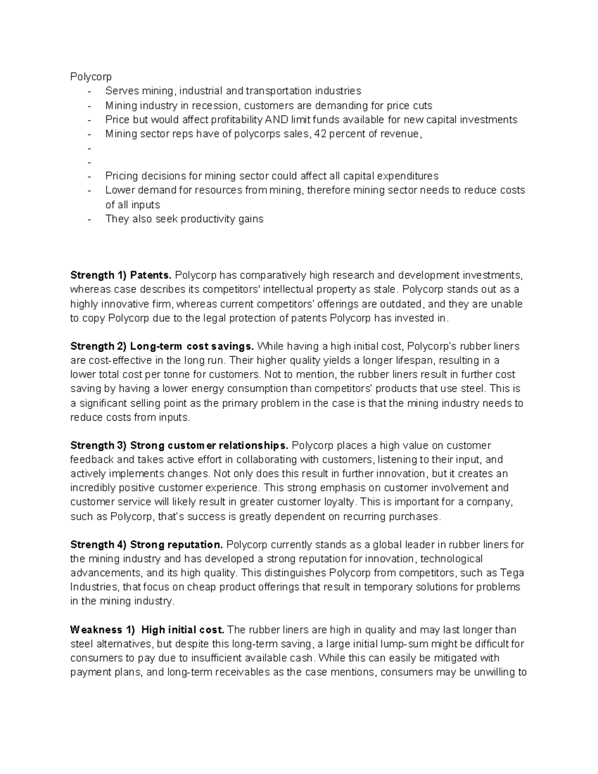 Polycorp case analysis - Polycorp - Serves mining, industrial and ...