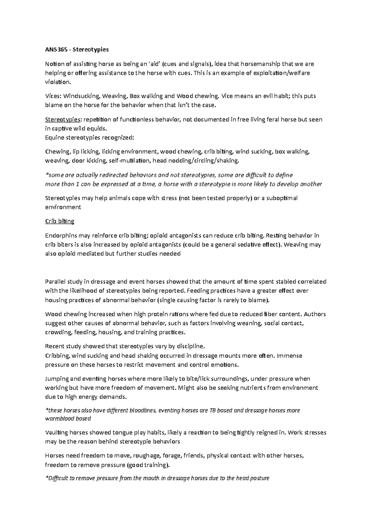 ANS365 - Stereotypies - Lecture notes 7 - ANS361 - Murdoch - Studocu