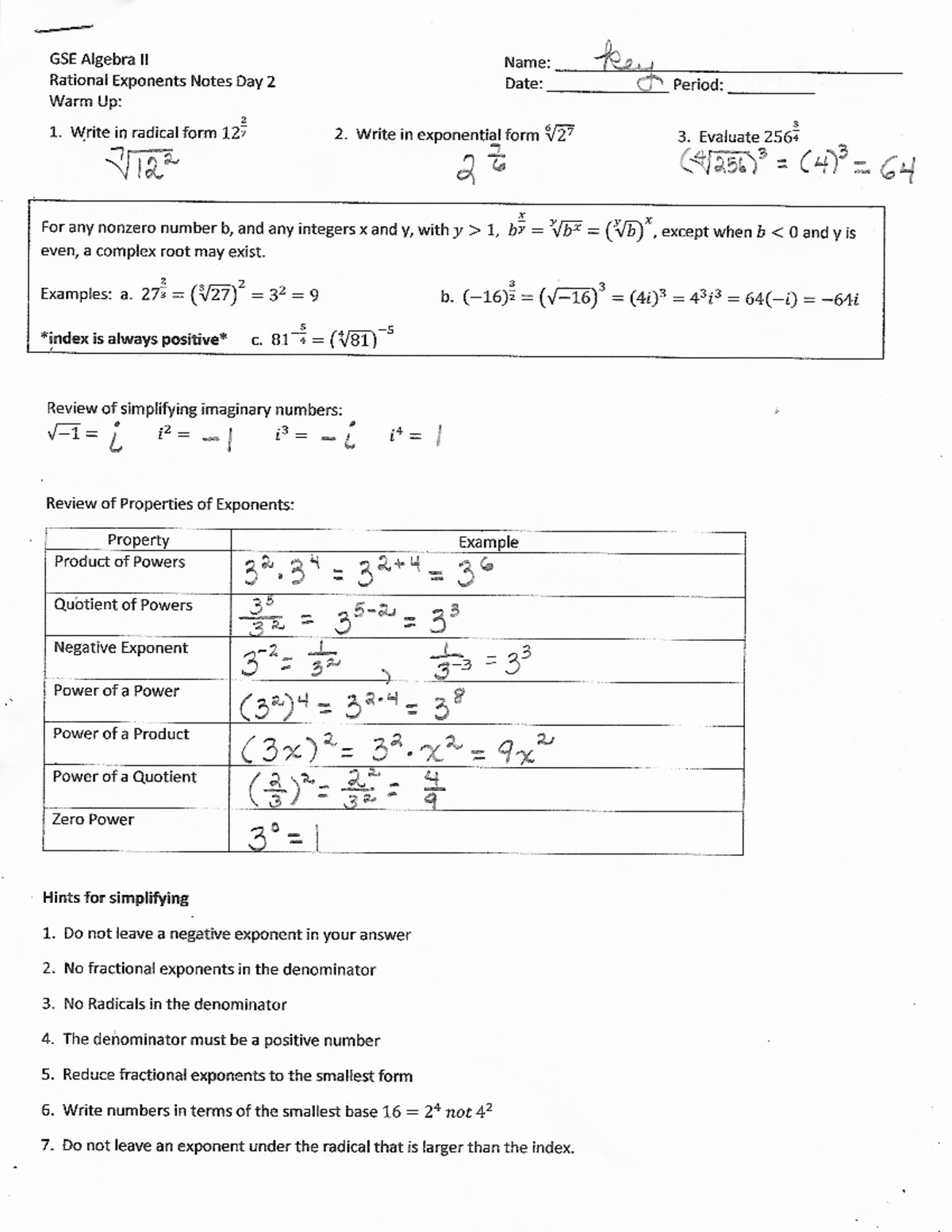 9.2a Rational Exponents (Properties) Notes KEY - Studocu