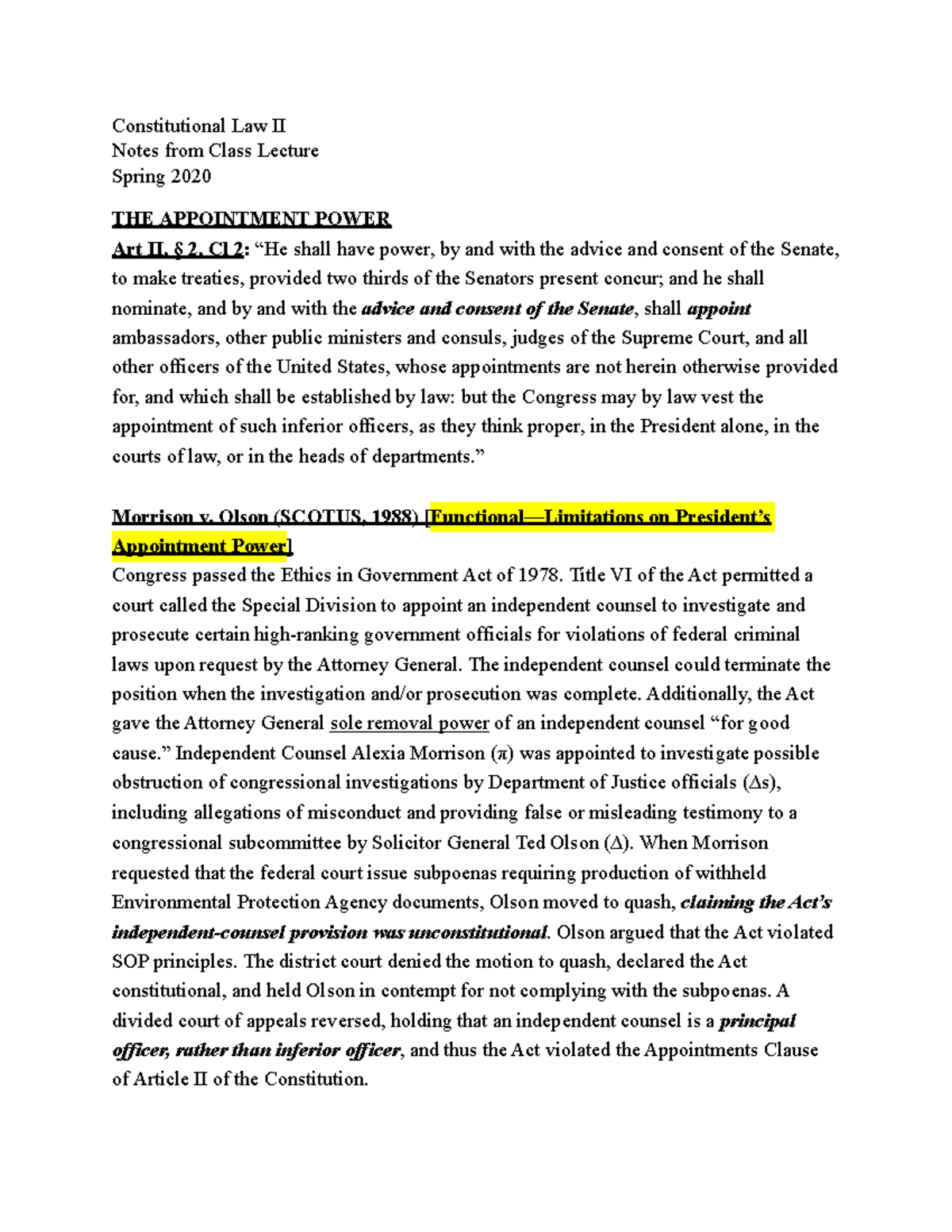 THE Appointment Power - Lecture notes 8 - Constitutional Law II Notes ...