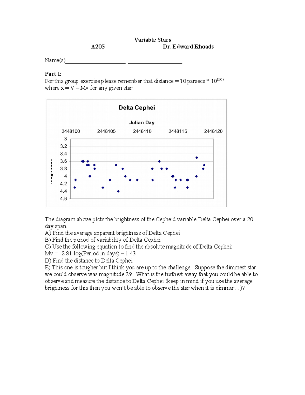 Group Exercise Variable Stars Exercise - Variable Stars A205 Dr. Edward ...