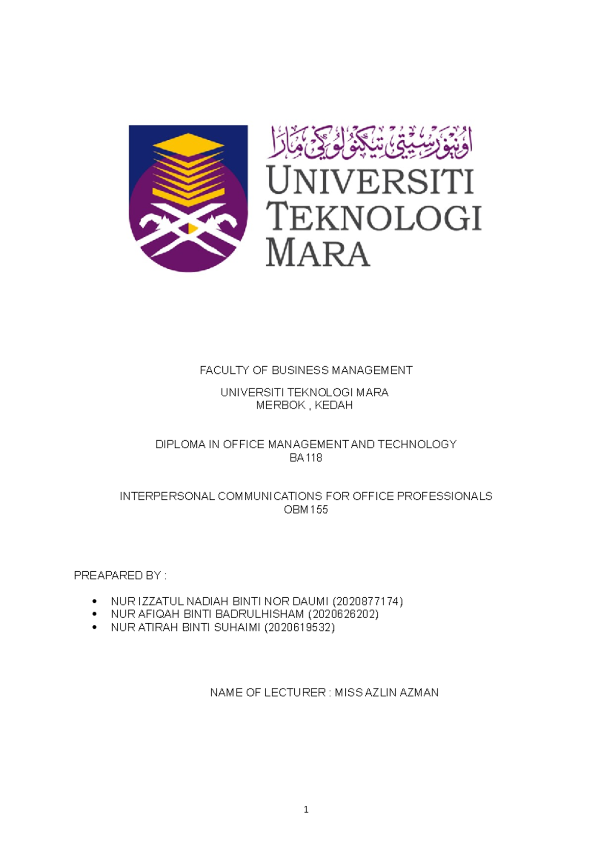 Movie Assignment OBM 155 year 2021 - FACULTY OF BUSINESS MANAGEMENT UNIVERSITI TEKNOLOGI MARA ...