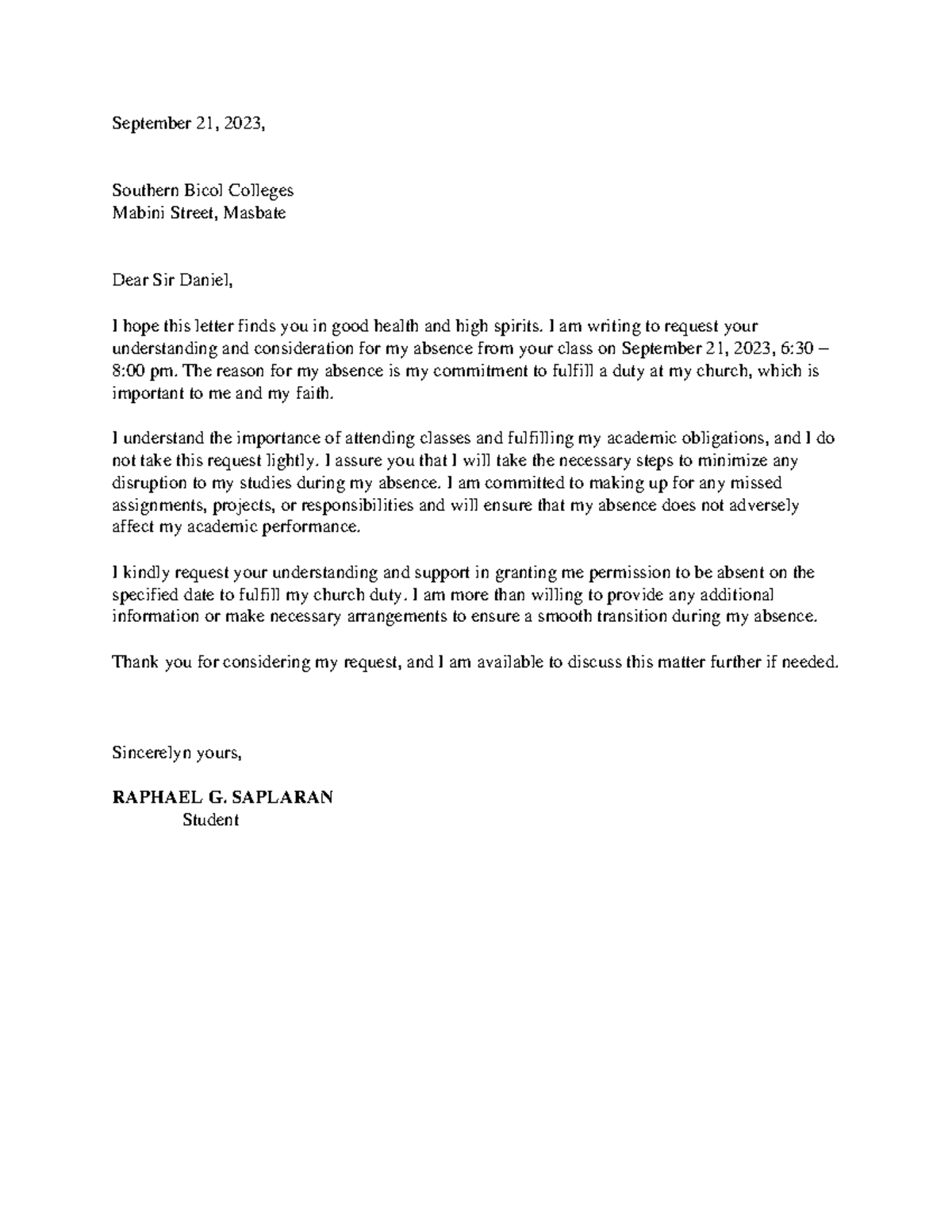 September 21 - excuse letter - September 21, 2023, Southern Bicol ...