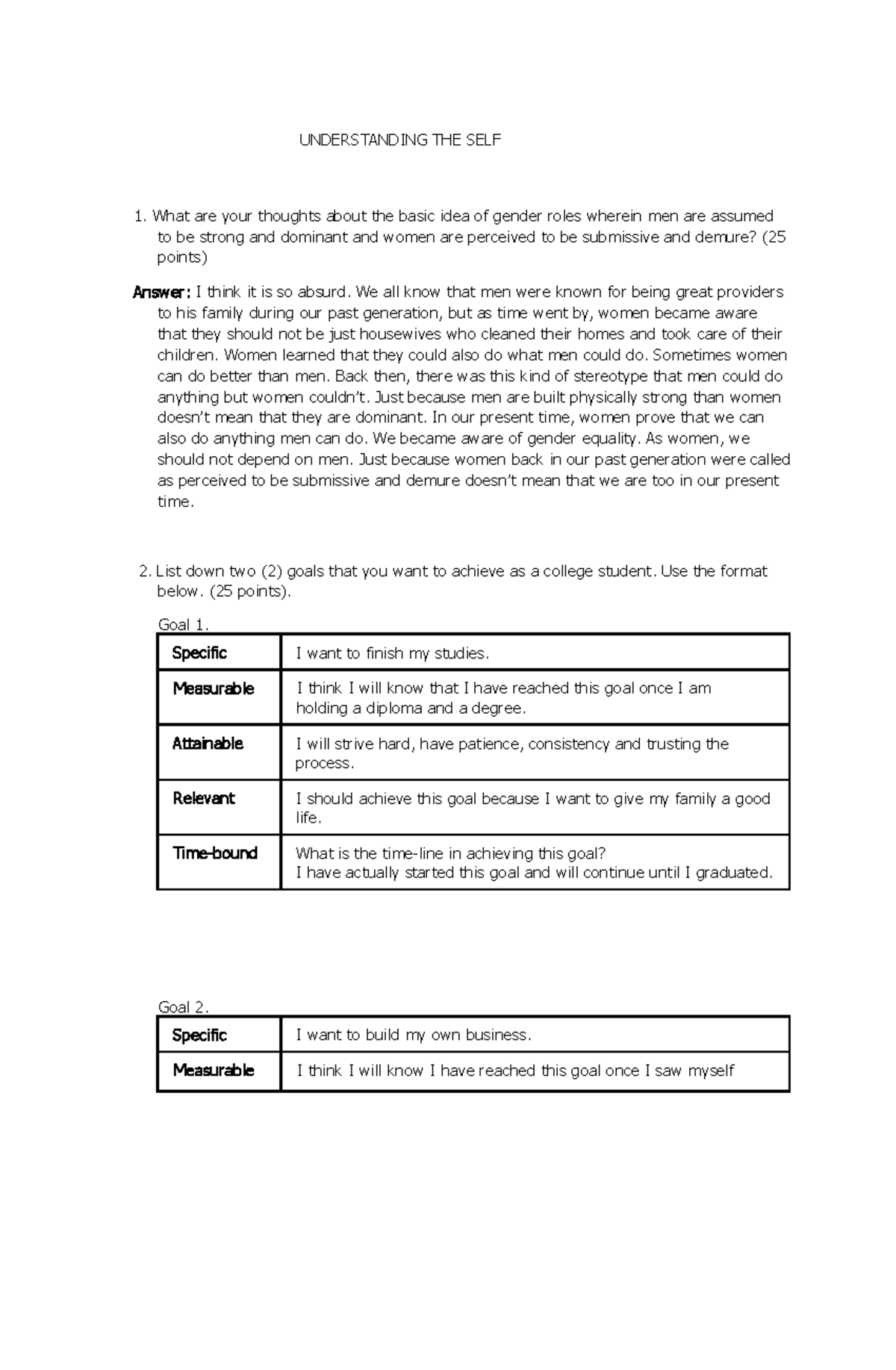 Understanding The Self - UNDERSTANDING THE SELF What are your thoughts ...