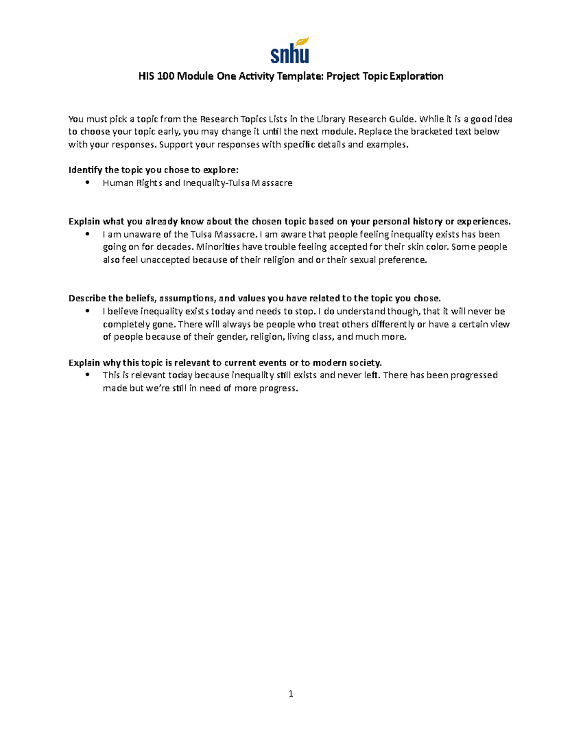 HIS 100 Module One 1-1 - HIS 100 Module One Activity Template: Project ...
