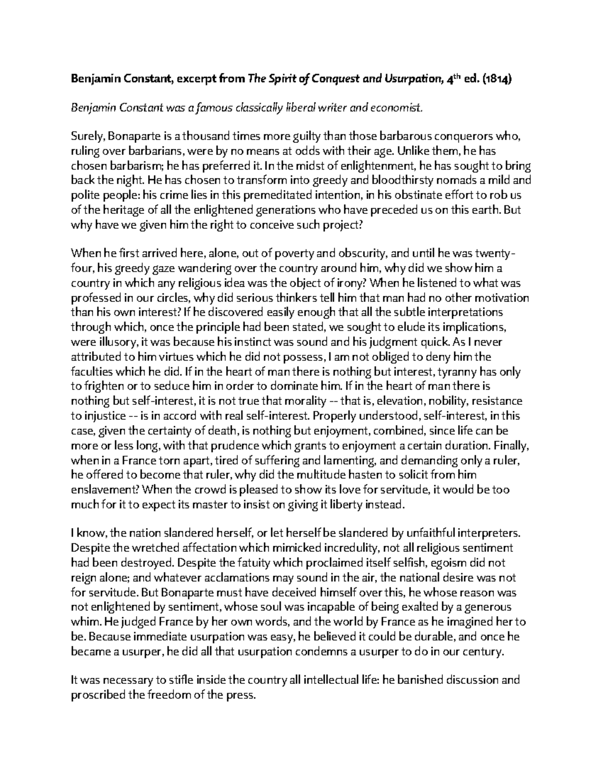 Benjamin Constant on Napoleon (1814) - Benjamin Constant, excerpt from ...