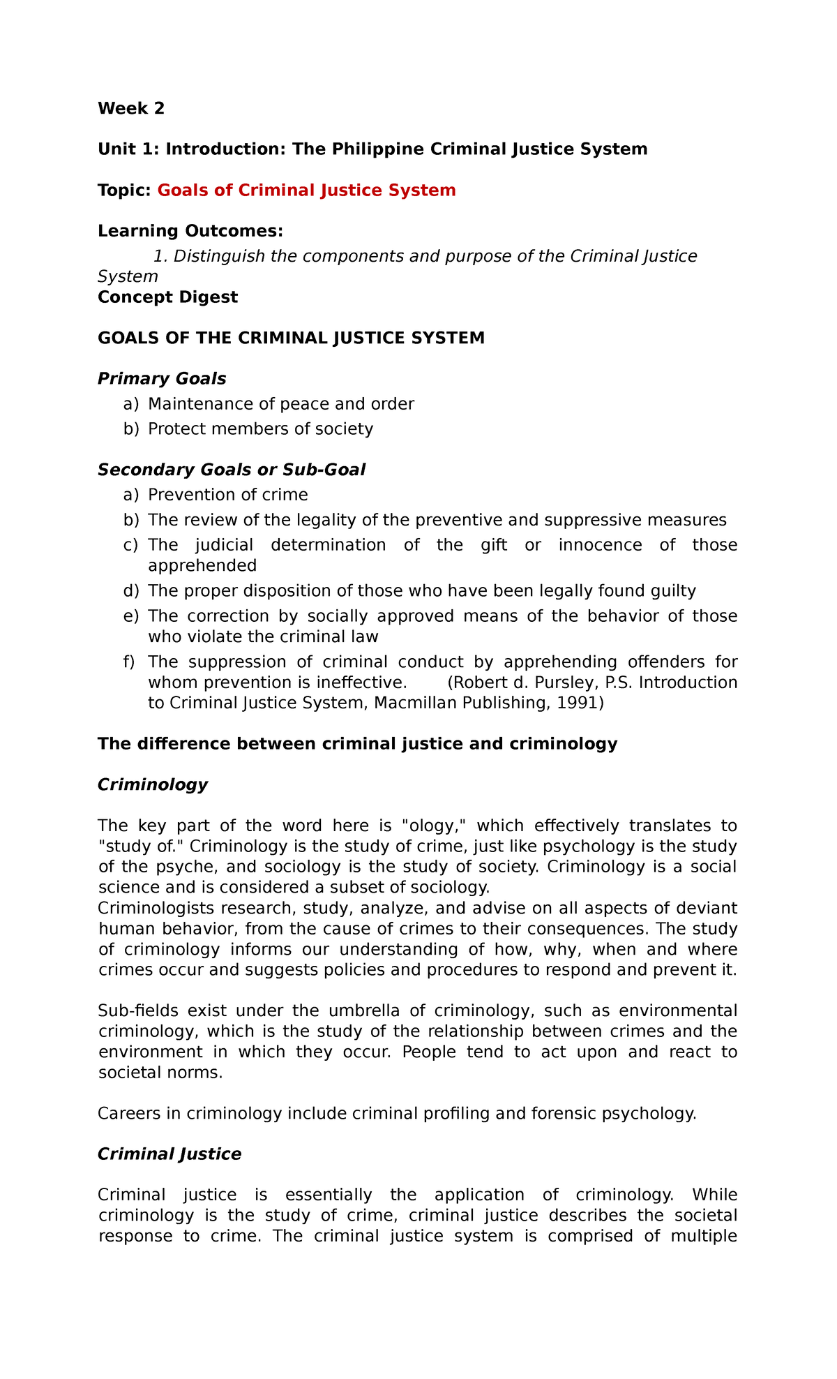 Week 2 Goals of Criminal Justice System - Week 2 Unit 1: Introduction ...
