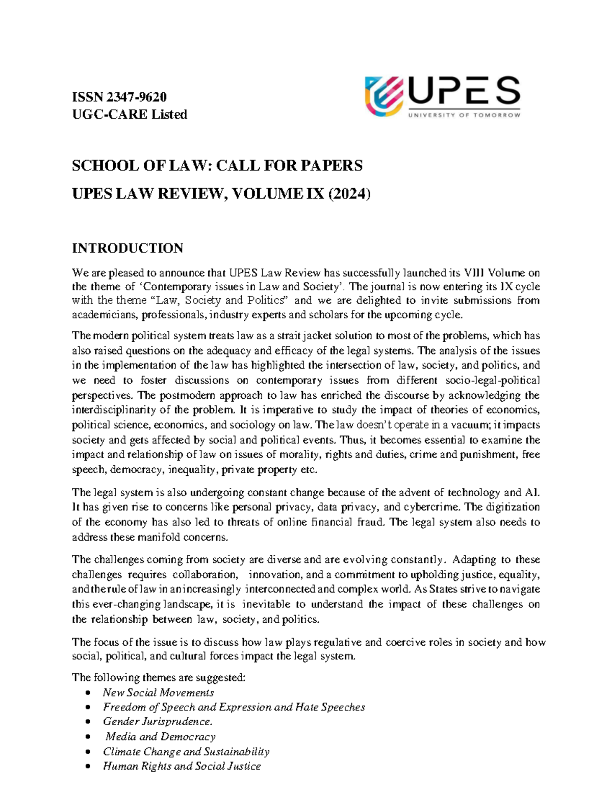 UPES Law Review 2024 - Uvugu Iggi - ISSN 2347 - 9620 UGC-CARE Listed ...