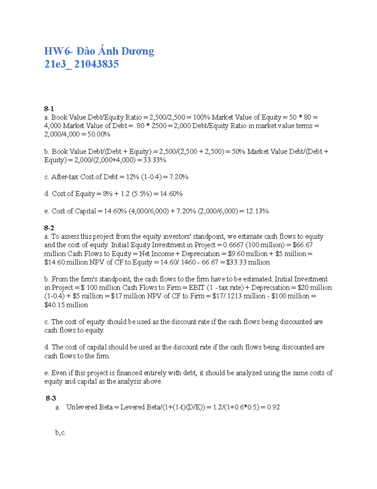 HW6 fin330 - homework per week - HW6- Đào Ánh Dương 21e3_ 21043835 8- a ...