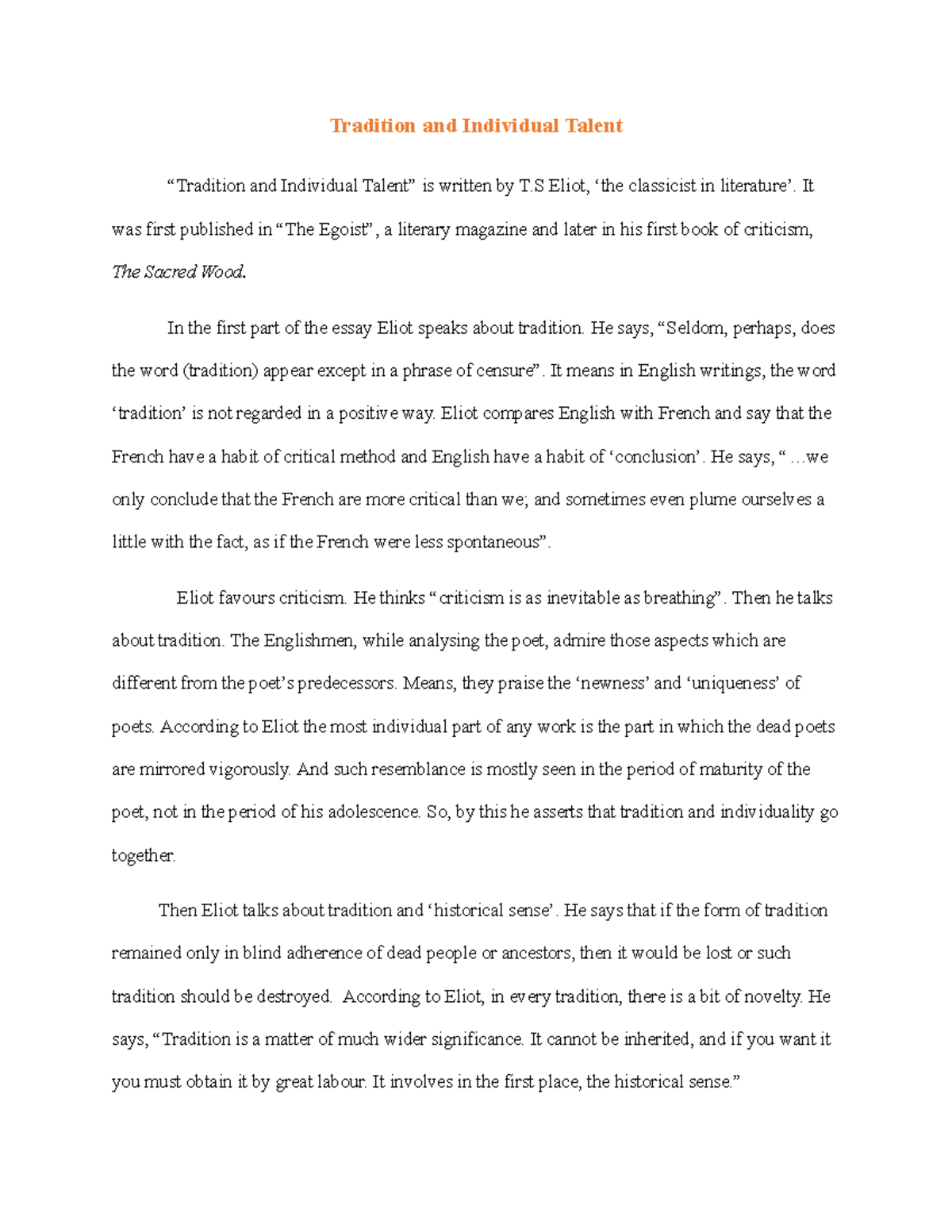 Tradition and the Individual Talent- notes 1 - Tradition and Individual ...