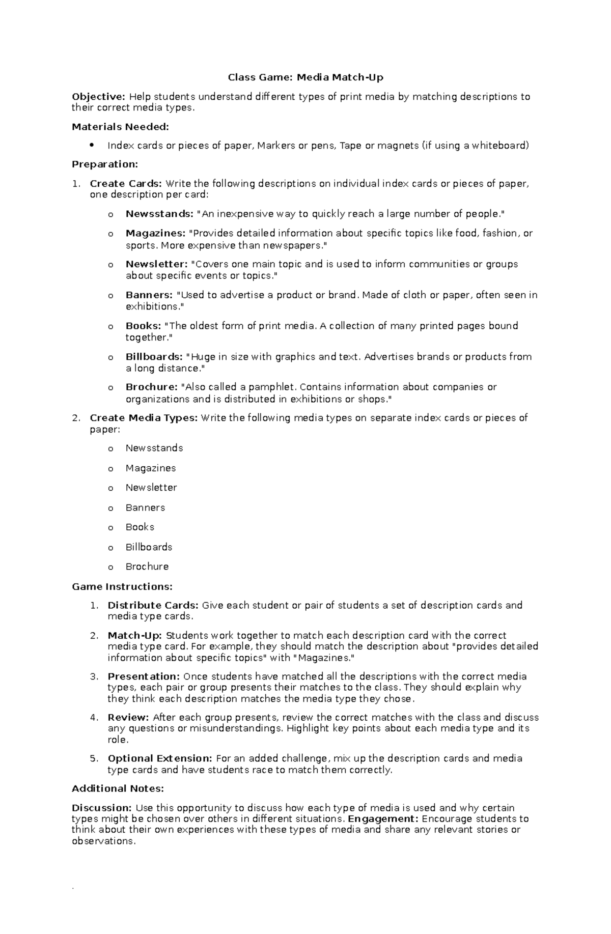 Print Media Activity - Class Game: Media Match-Up Objective: Help ...