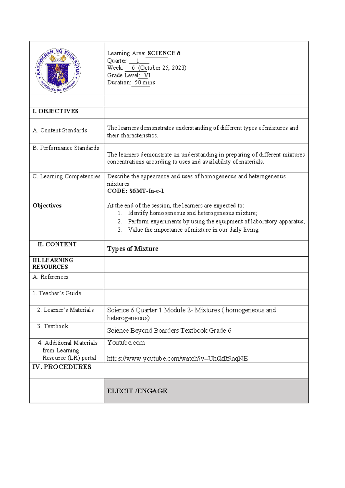Lesson plan COT - Learning Area: SCIENCE 6 Quarter: 1_ Week: 6 (October ...