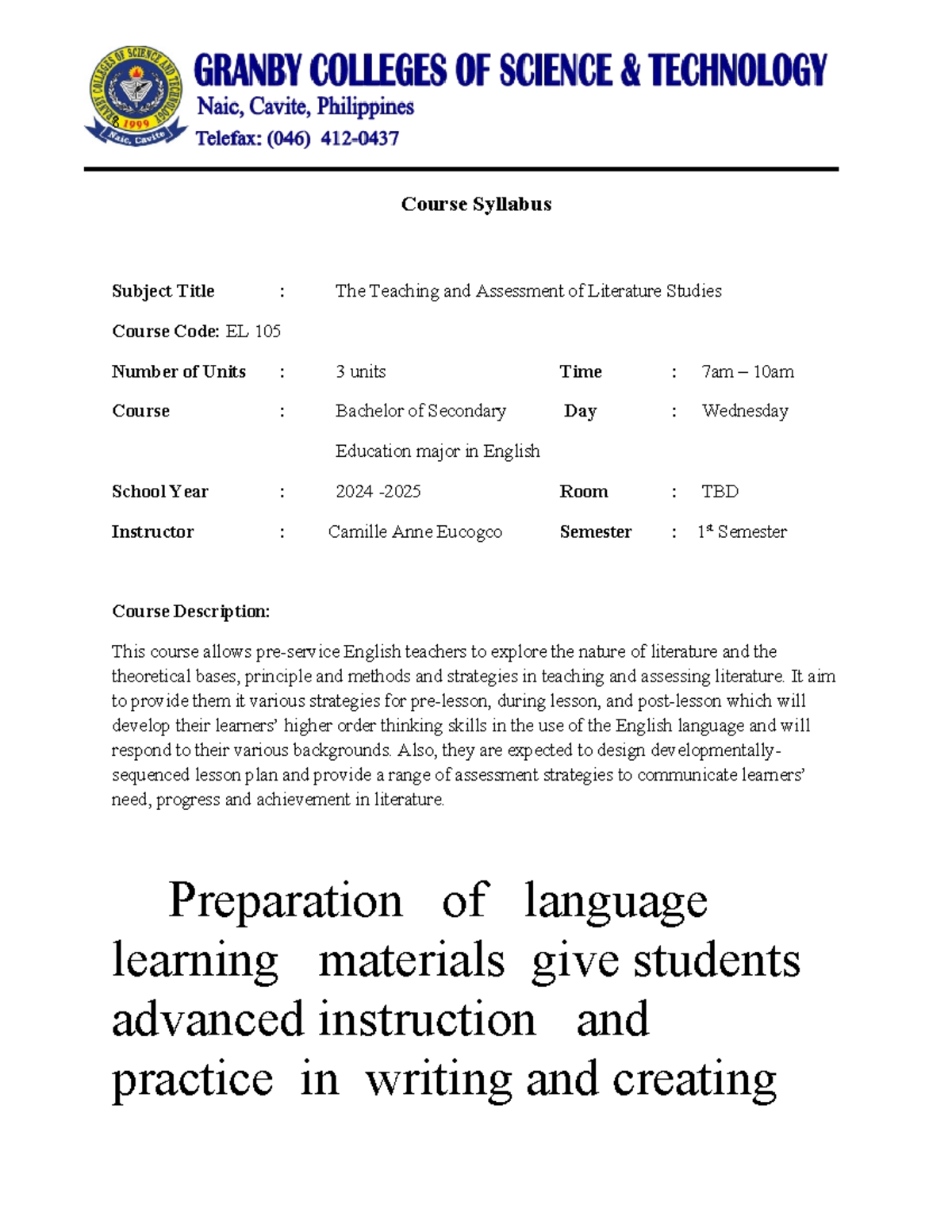 Course Syllabus - The Teaching and Assessment of Literature - A.Y 2024 ...