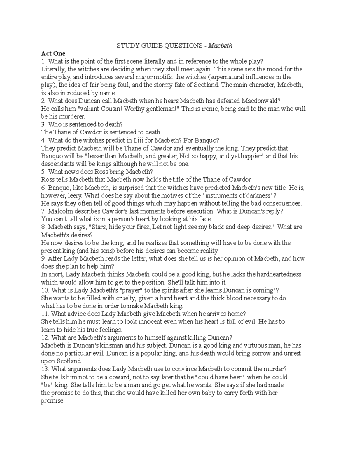 Macbeth Study Guide Questions Answers - STUDY GUIDE QUESTIONS - Macbeth ...