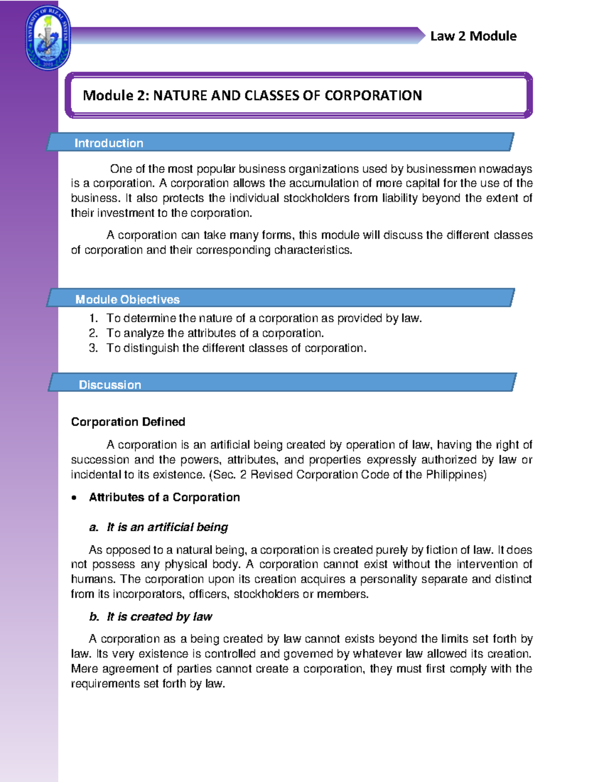 Law 2 Unit 2 Module 2 - One of the most popular business organizations ...