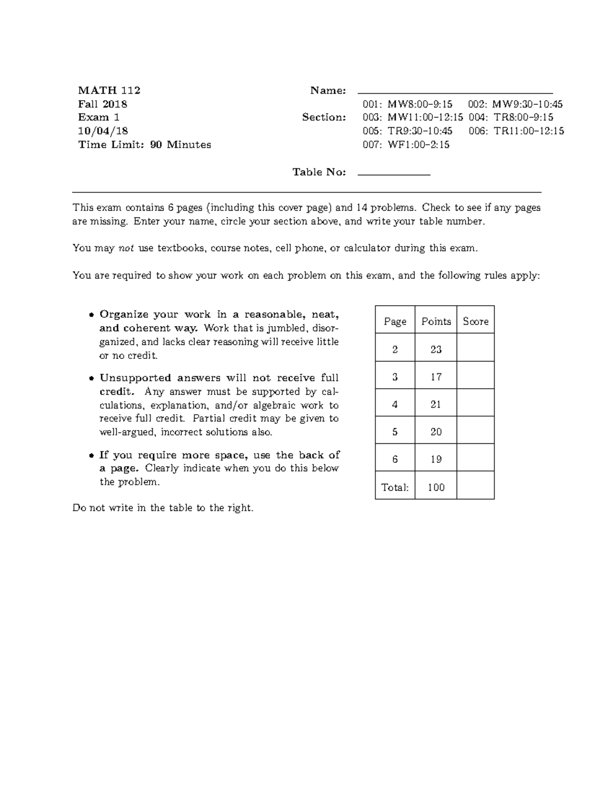 Exam1Math112 - MATH 112 Name: Fall 2018 001: MW8:00–9:15 002: MW9:30–10 ...