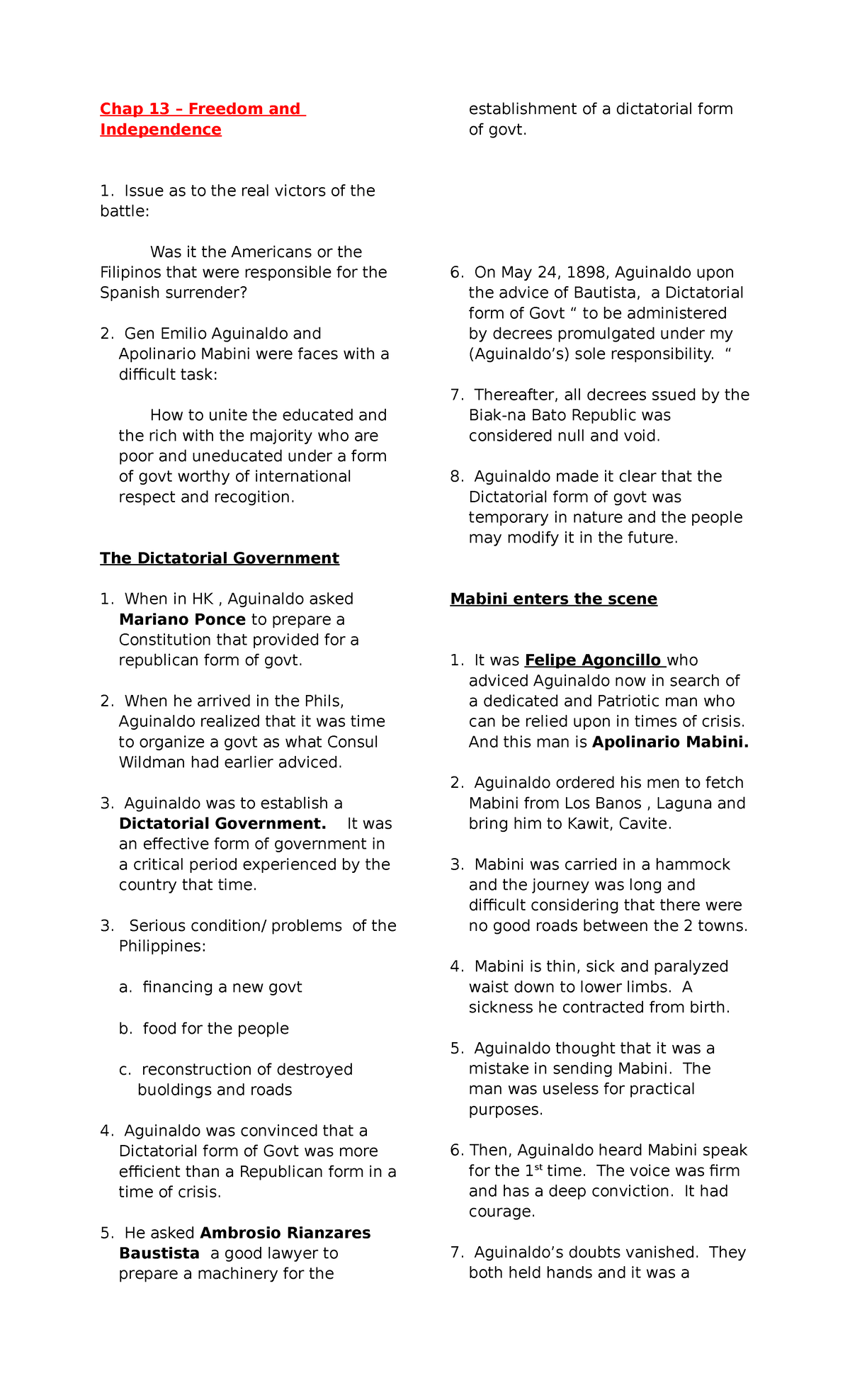 Phil History Summary Chap 13 - Chap 13 – Freedom and Independence Issue ...