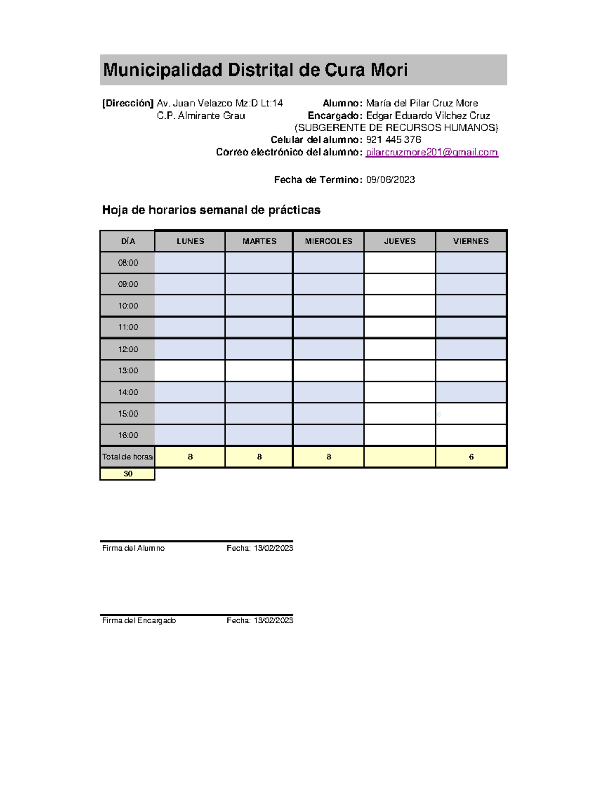 Horario DE Practicas - dsfdfjmm - Municipalidad Distrital de Cura Mori ...