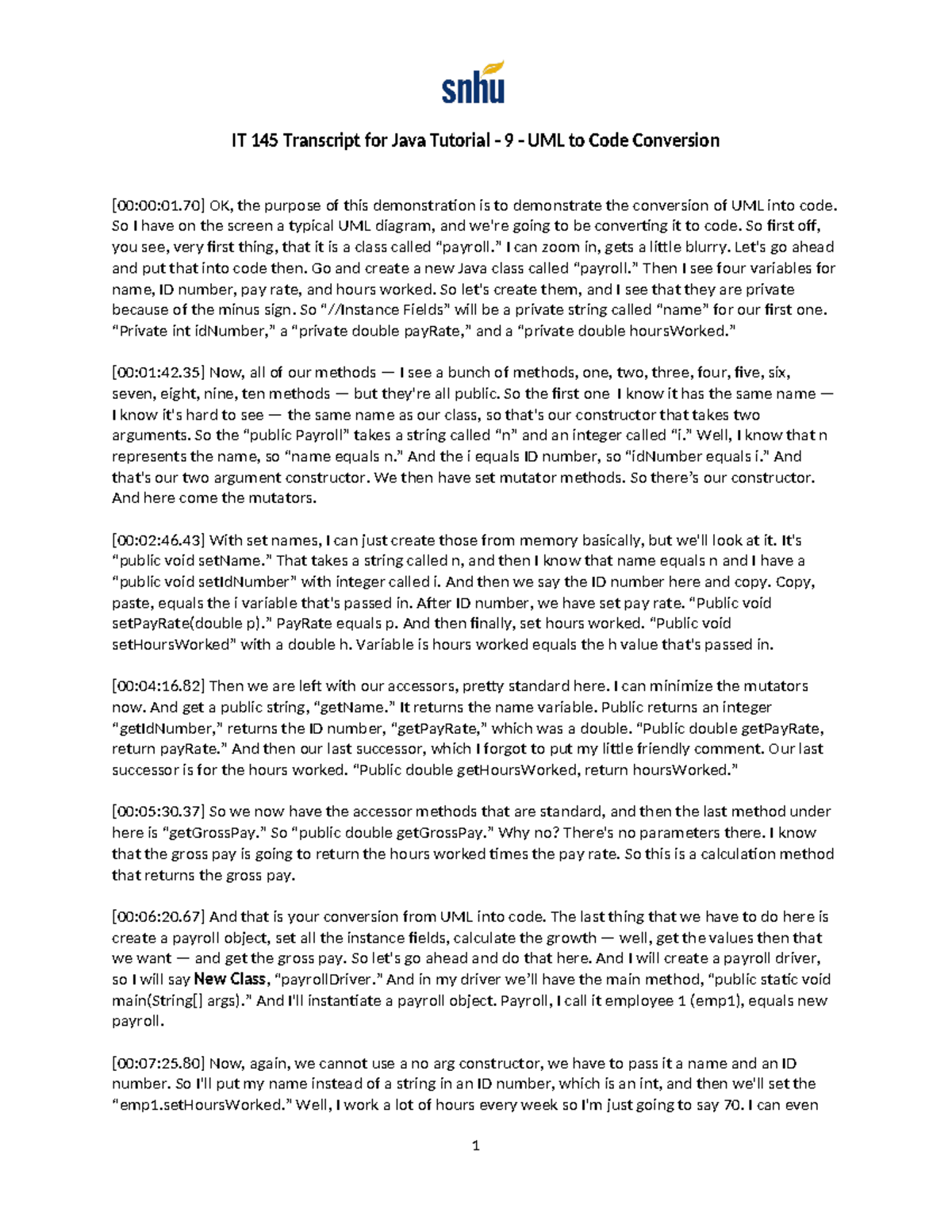 IT 145 Transcript For Java Tutorial - 9 - UML to Code Conversion course ...