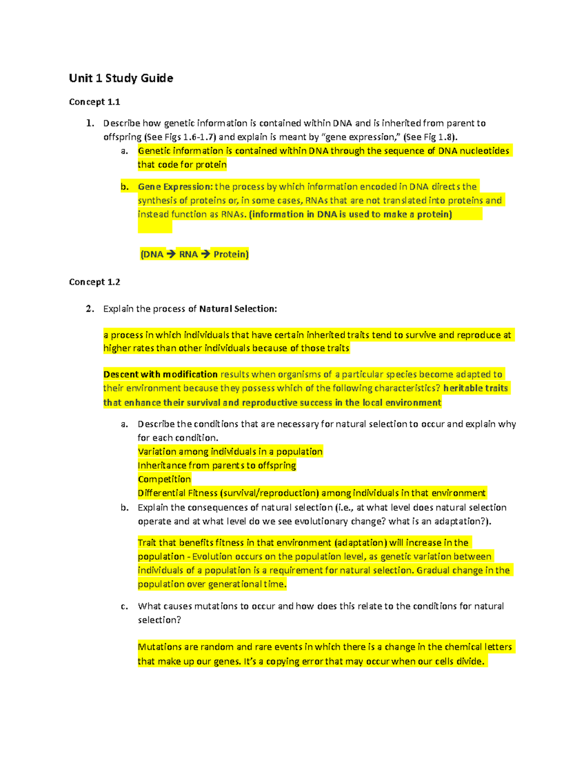 LIfe 120 Unit 1 Exam Study Guide - Unit 1 Study Guide Concept 1. 1 ...