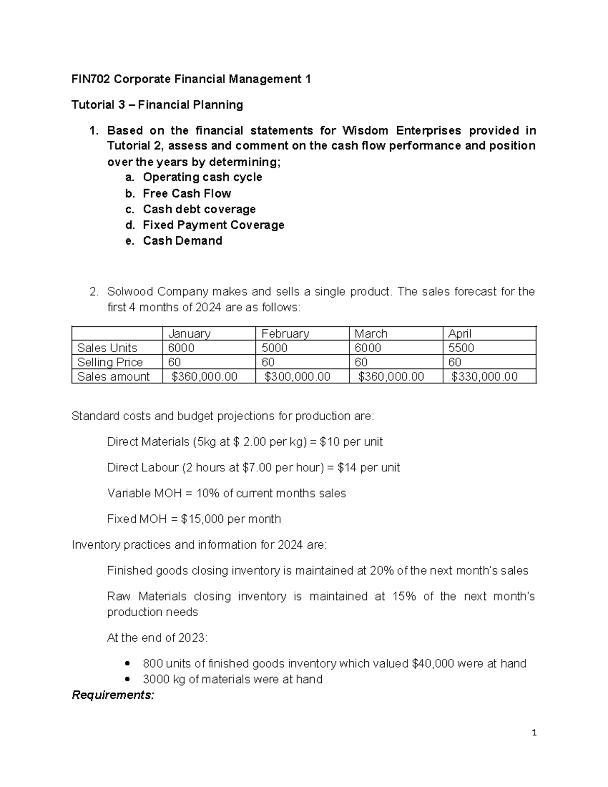 FIN702 Tutorial 3 Questions - FIN702 Corporate Financial Management 1 Tutorial 3 – Financial ...