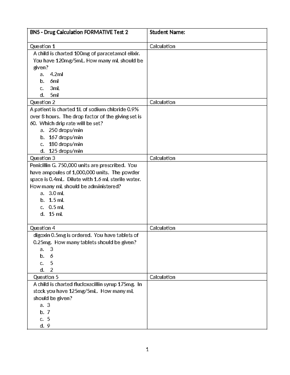 BN5 Formative Drug Calculation Test-1 - BN5 - Drug Calculation ...