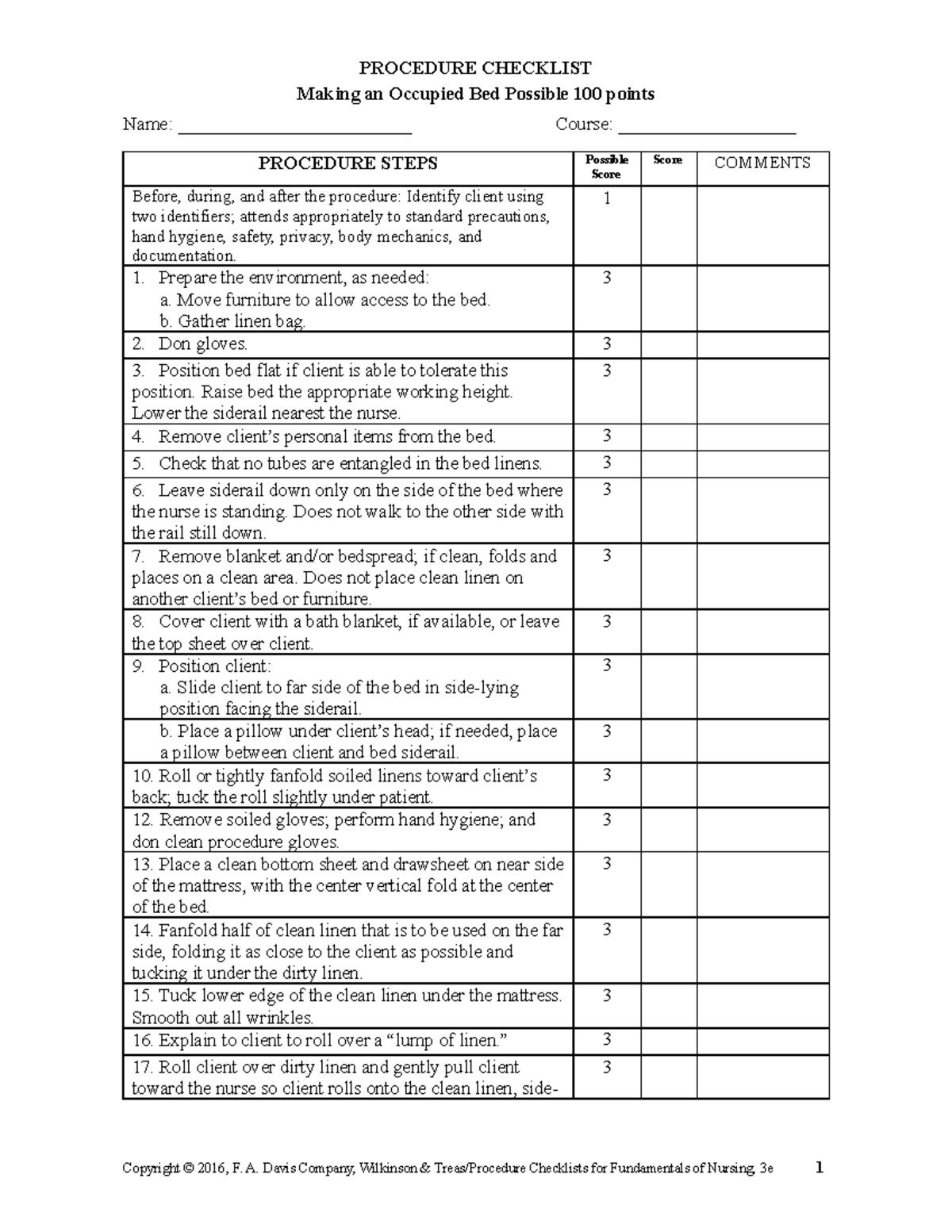 Bedmaking.Occupied Bed 100 possible points - PROCEDURE CHECKLIST Making ...