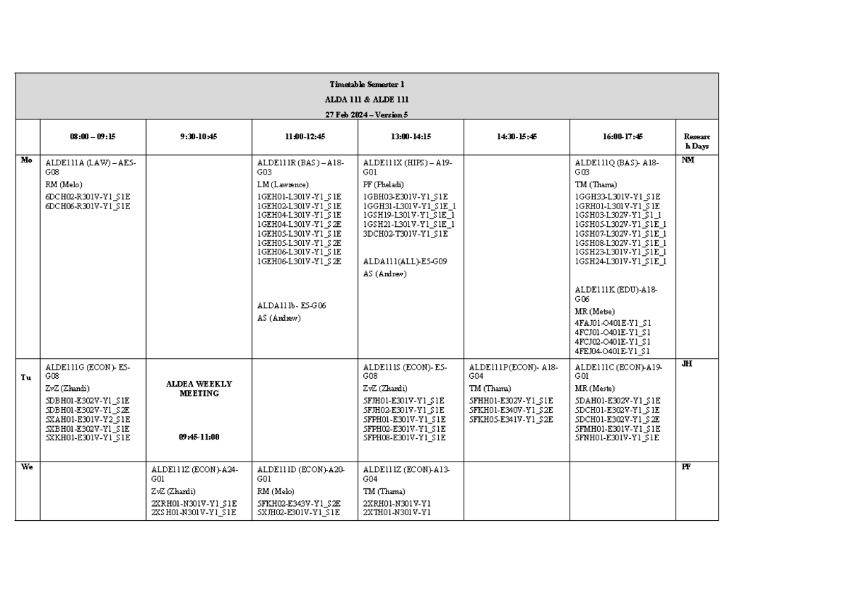 Timetable Semester 1 With Programmes 2 - Timetable Semester 1 ALDA 111 & ALDE 111 27 Feb 2024 ...