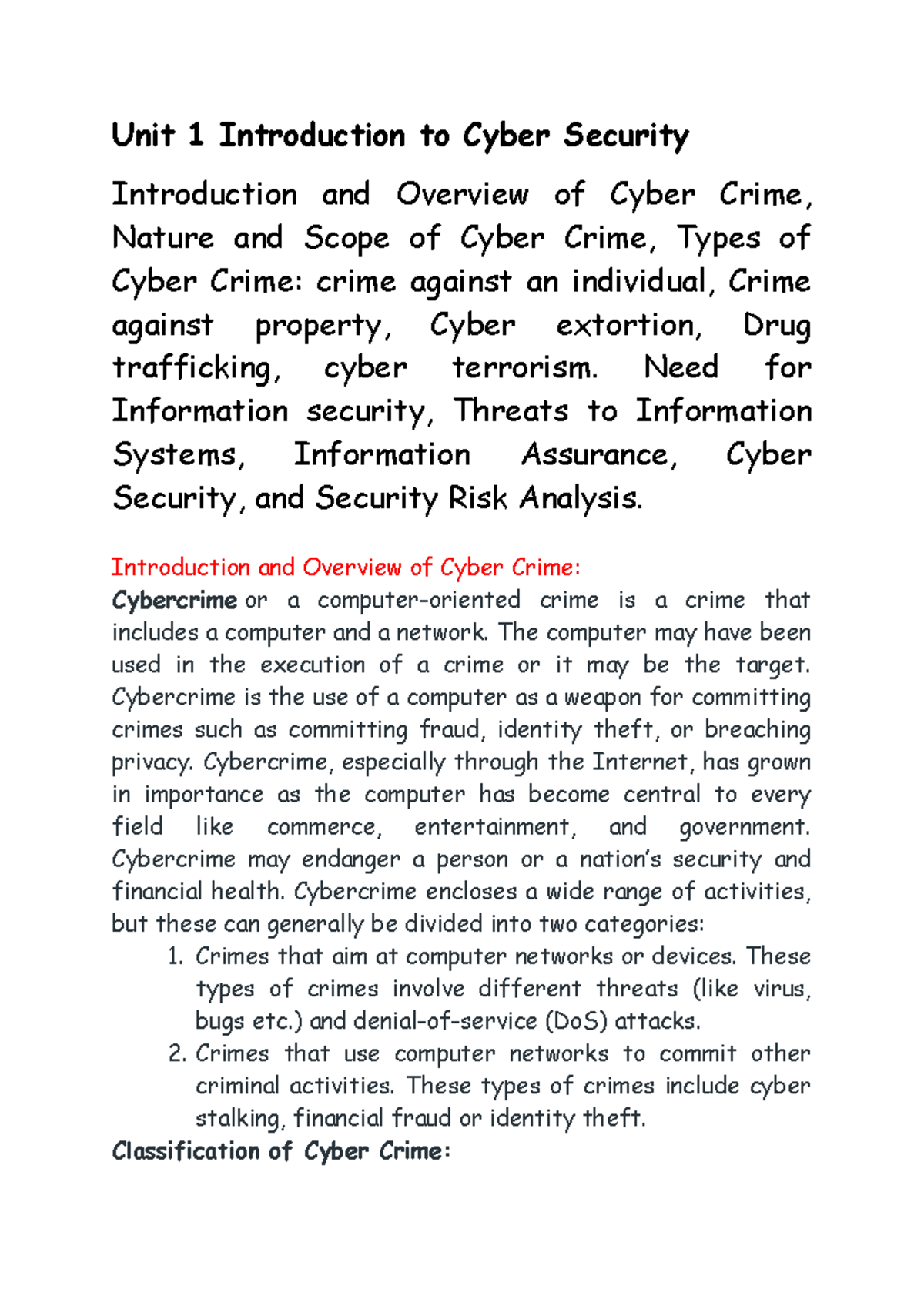 UNIT-I - Sppu BE Cybersecurity Notes Unit 1 - Unit 1 Introduction to ...