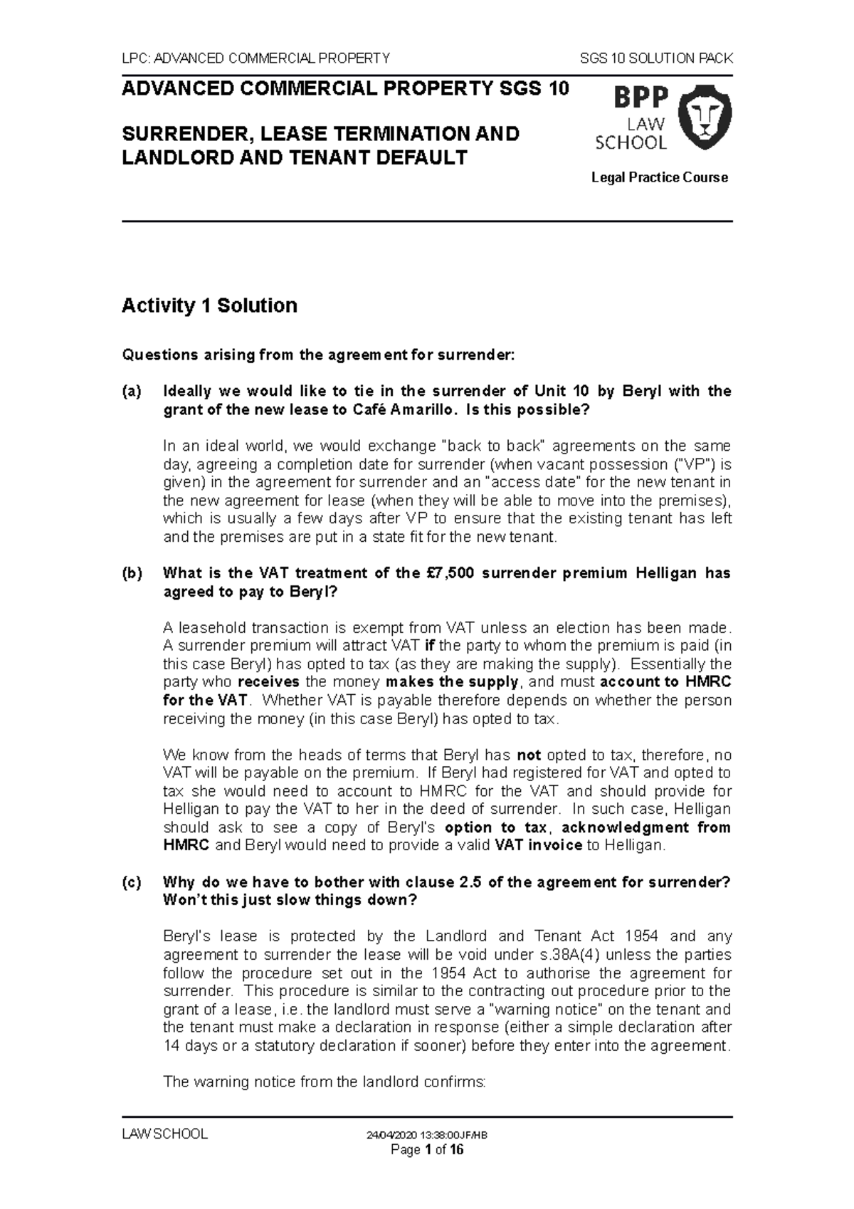 ACP SGS 10 Solution Pack 2223 - LPC: ADVANCED COMMERCIAL PROPERTY SGS ...